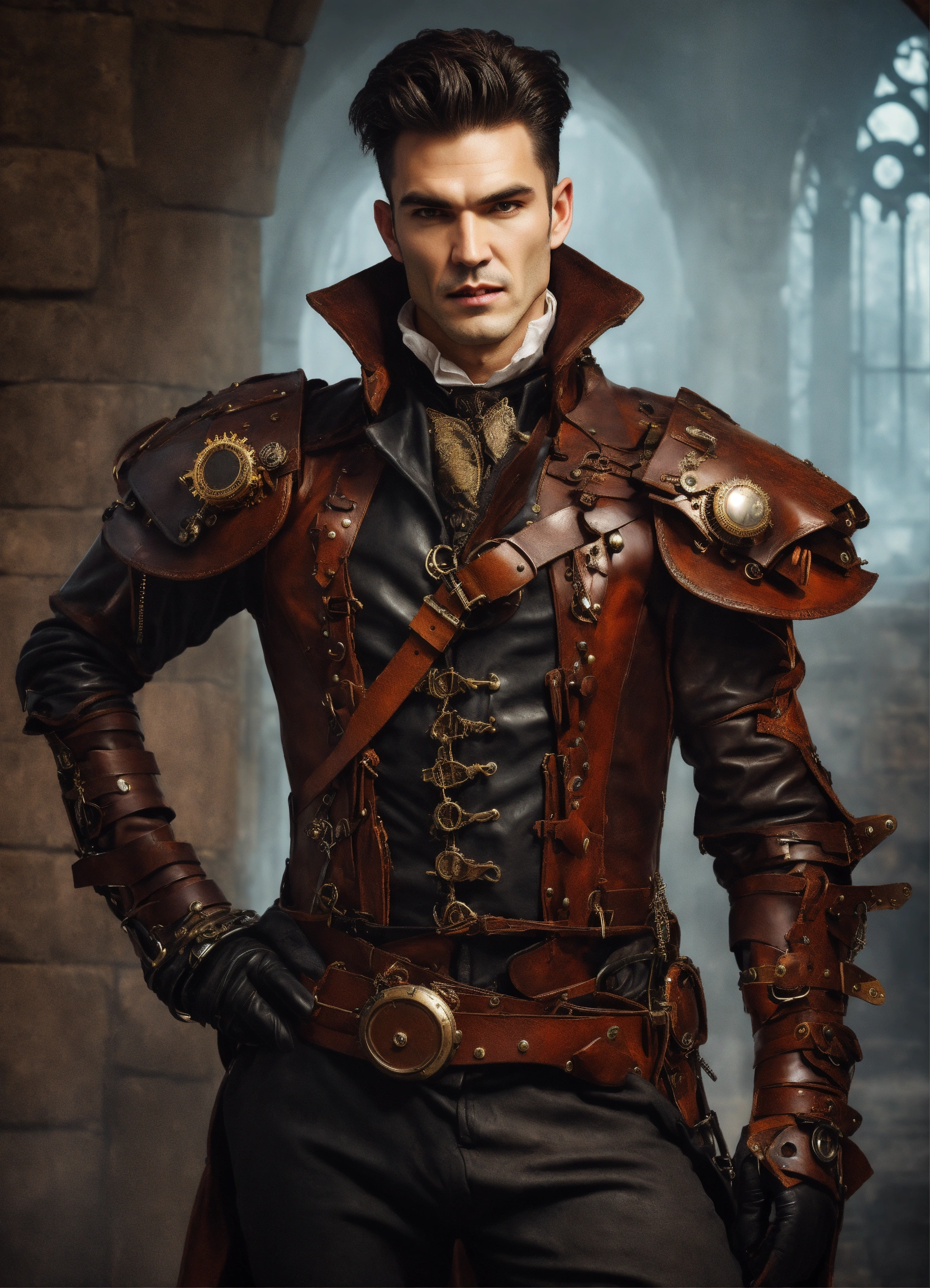 Lexica - Male steampunk vampire wearing leather armor, fantasy art stlye