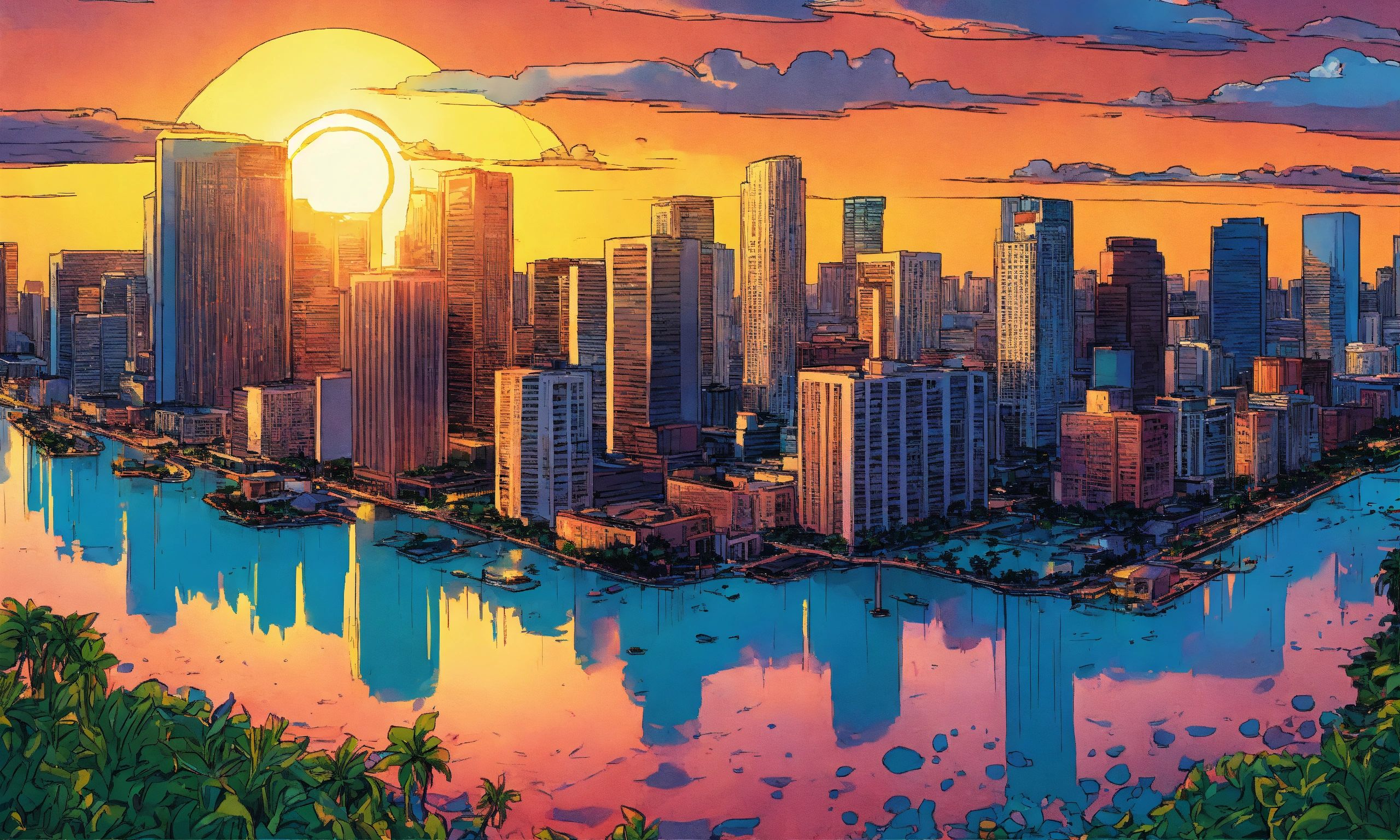 Lexica - Comic book Illustration of Aerial view of downtown Miami ...