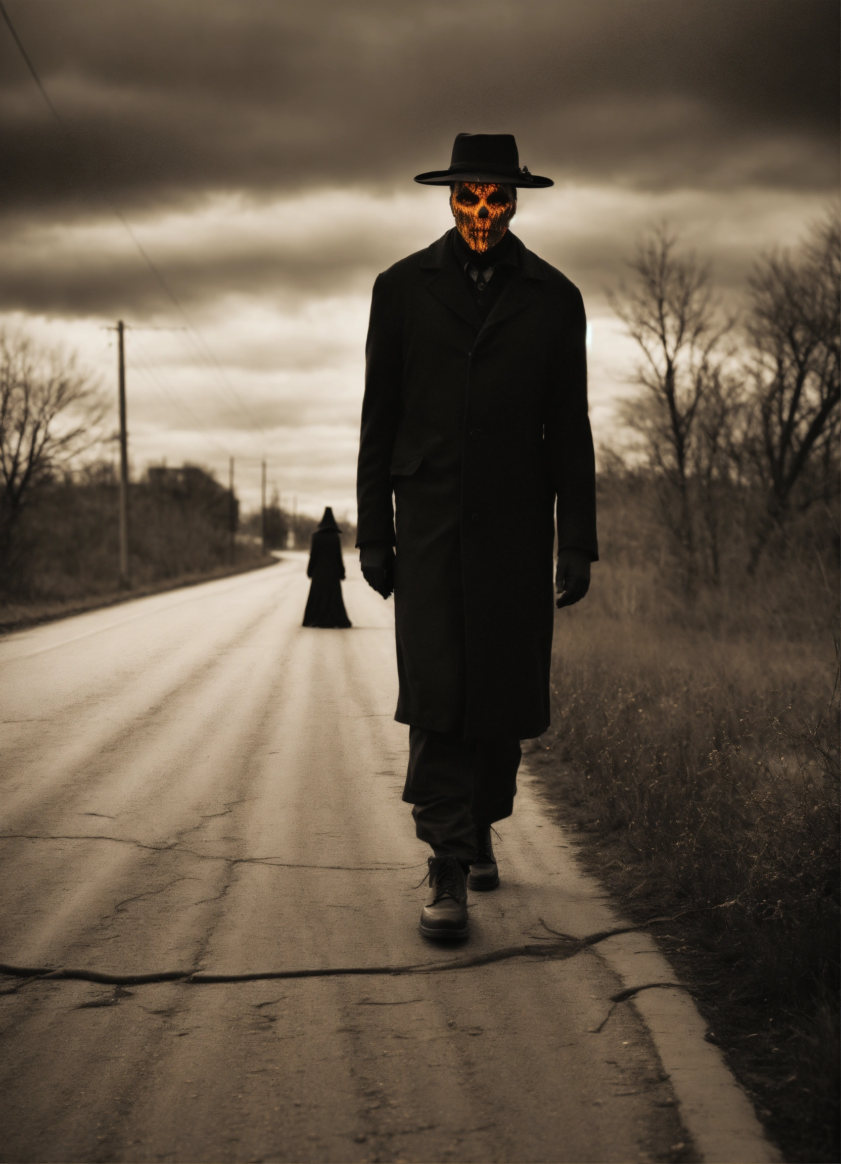 Lexica - A black and white image showing a creepy creep walking down a ...