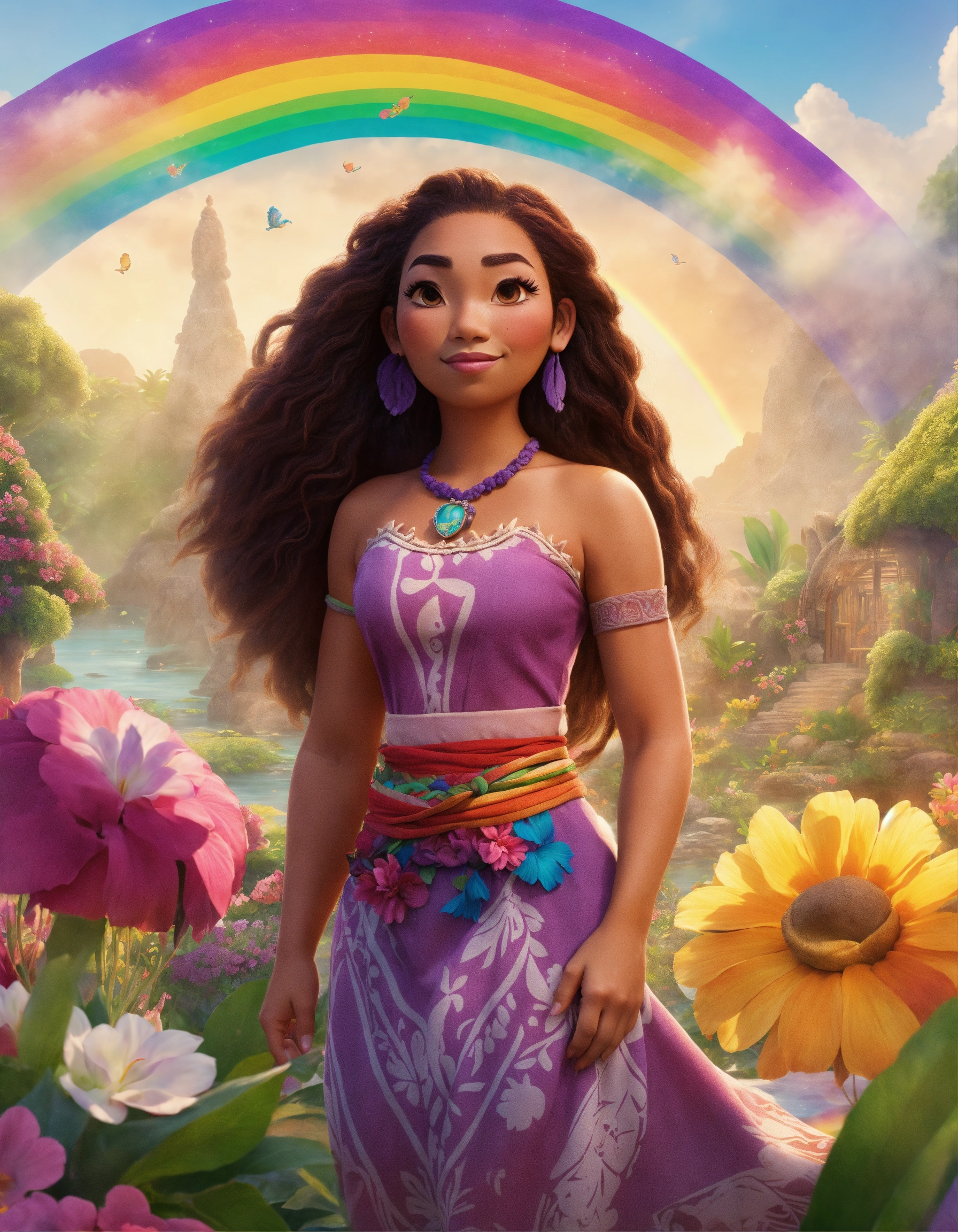 Lexica - An elegant, dreamy cartoonish Moana with purple clothes and a ...