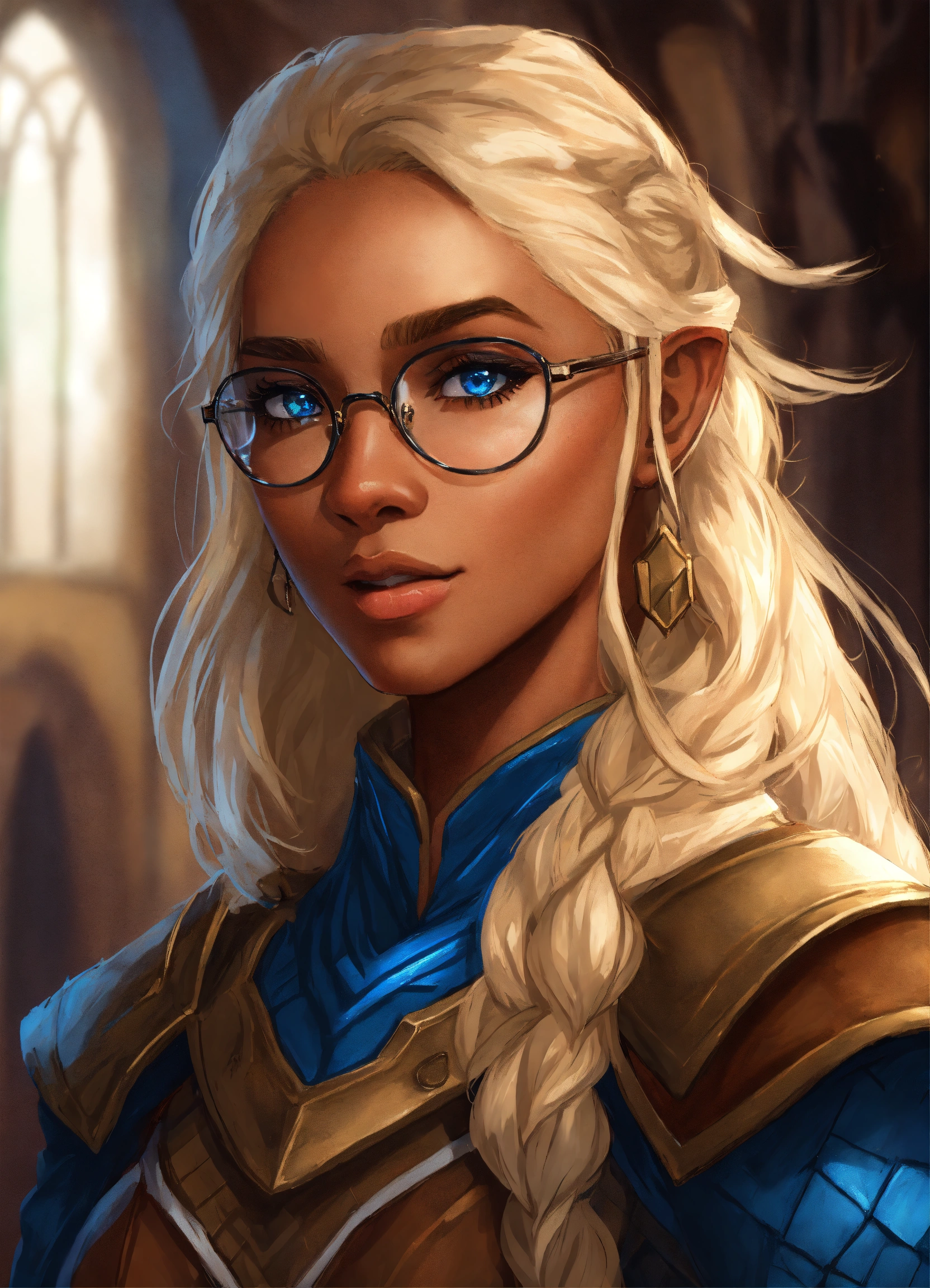 Lexica - A very brown skinned half elf woman, wearing glasses with deep ...