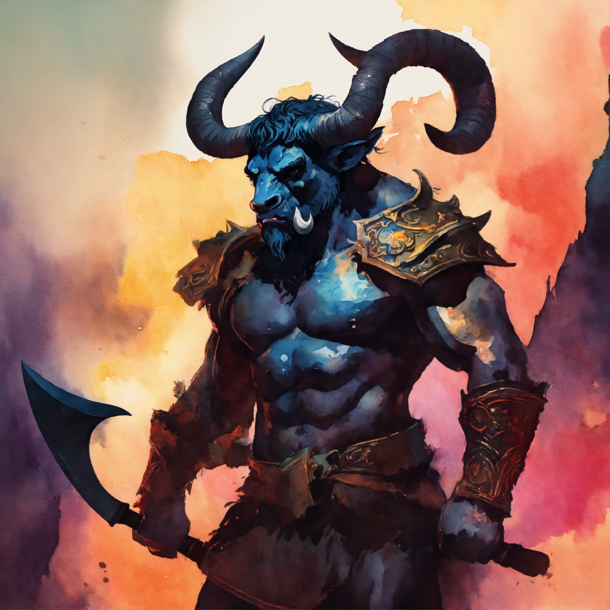 Lexica - Black minotaur, broken horn, holding great axe, profile close ...