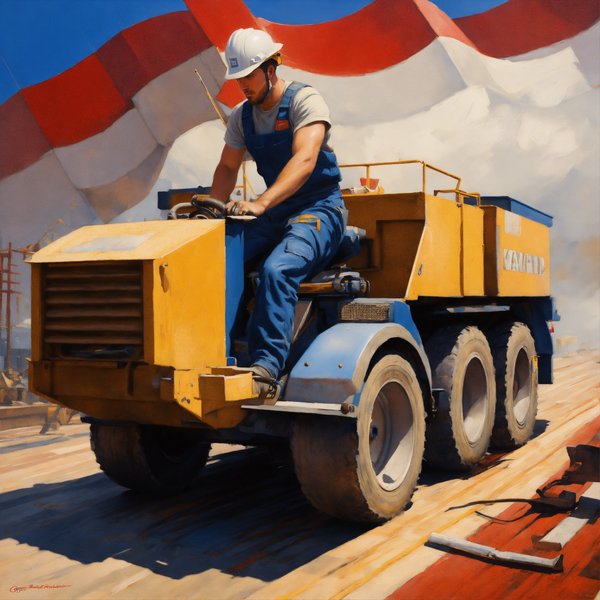 Lexica - Painting of a construction worker riding a asphalt paver into ...
