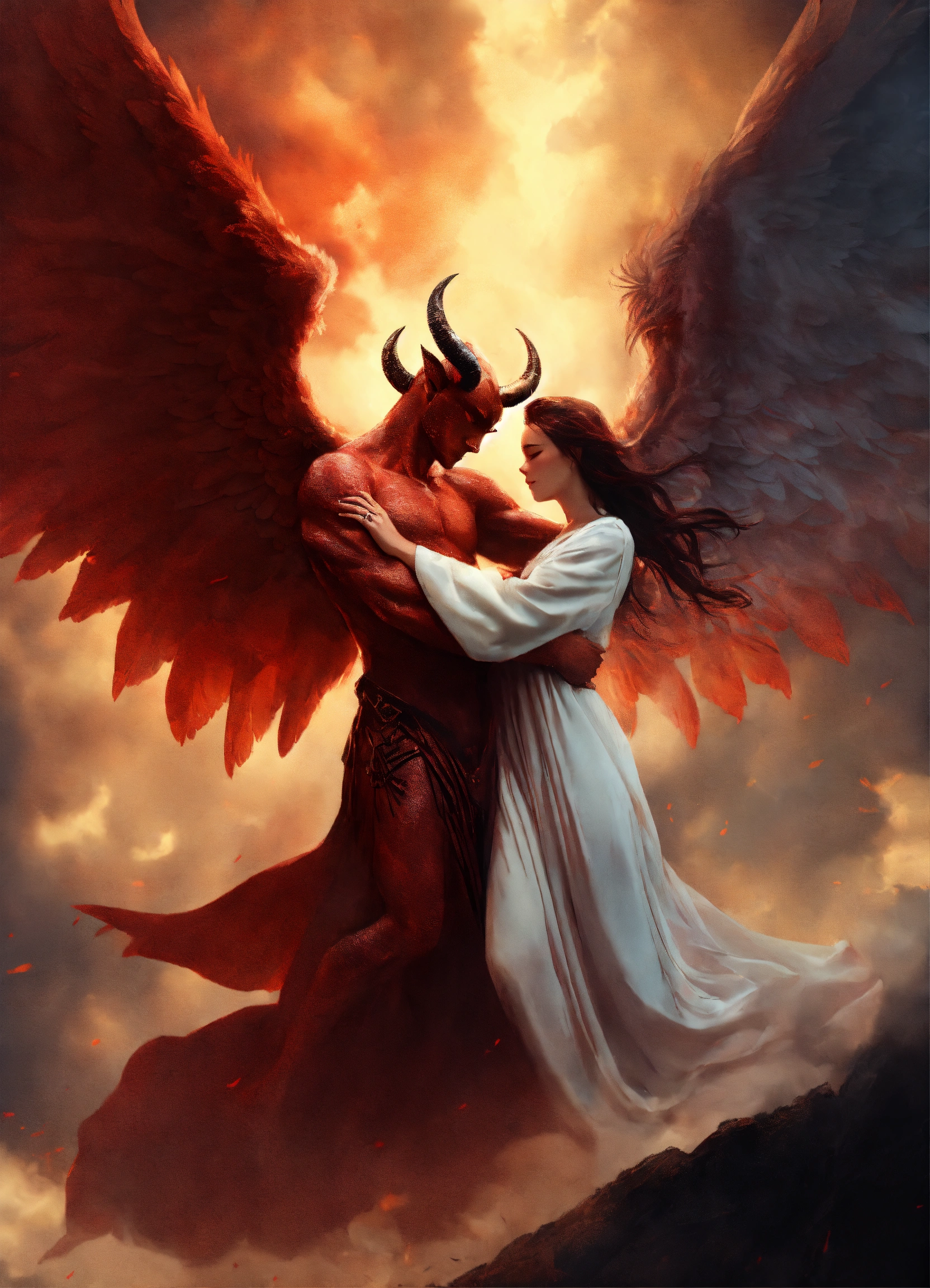 Lexica - Demon hugging an angel, flying, wide shot