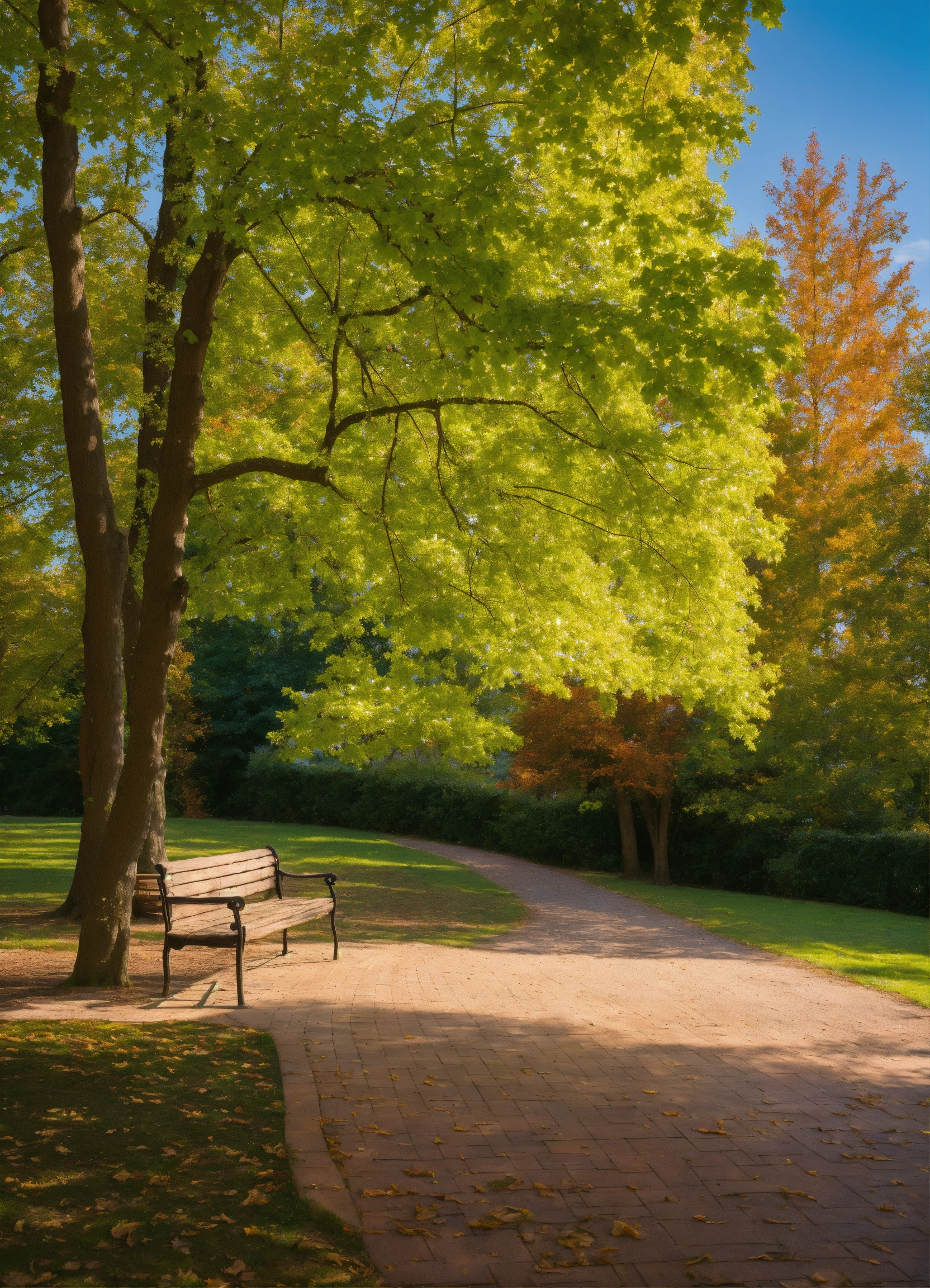 Lexica - Blue sky calming trees with beautiful leaves A wooden bench on ...