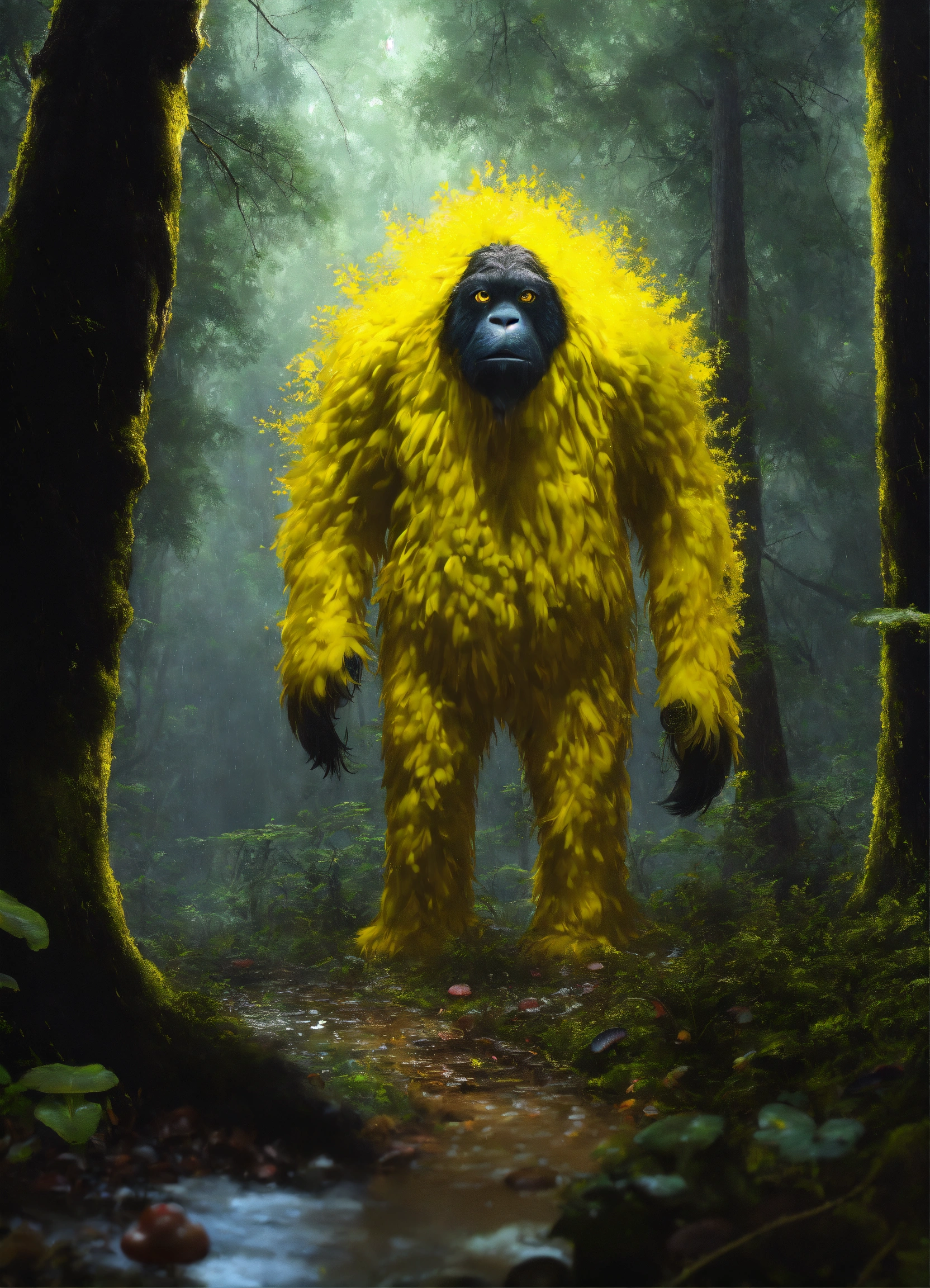 Lexica - A realiste yellow bigfoot alien , big eyes blacks , mushrooms ...