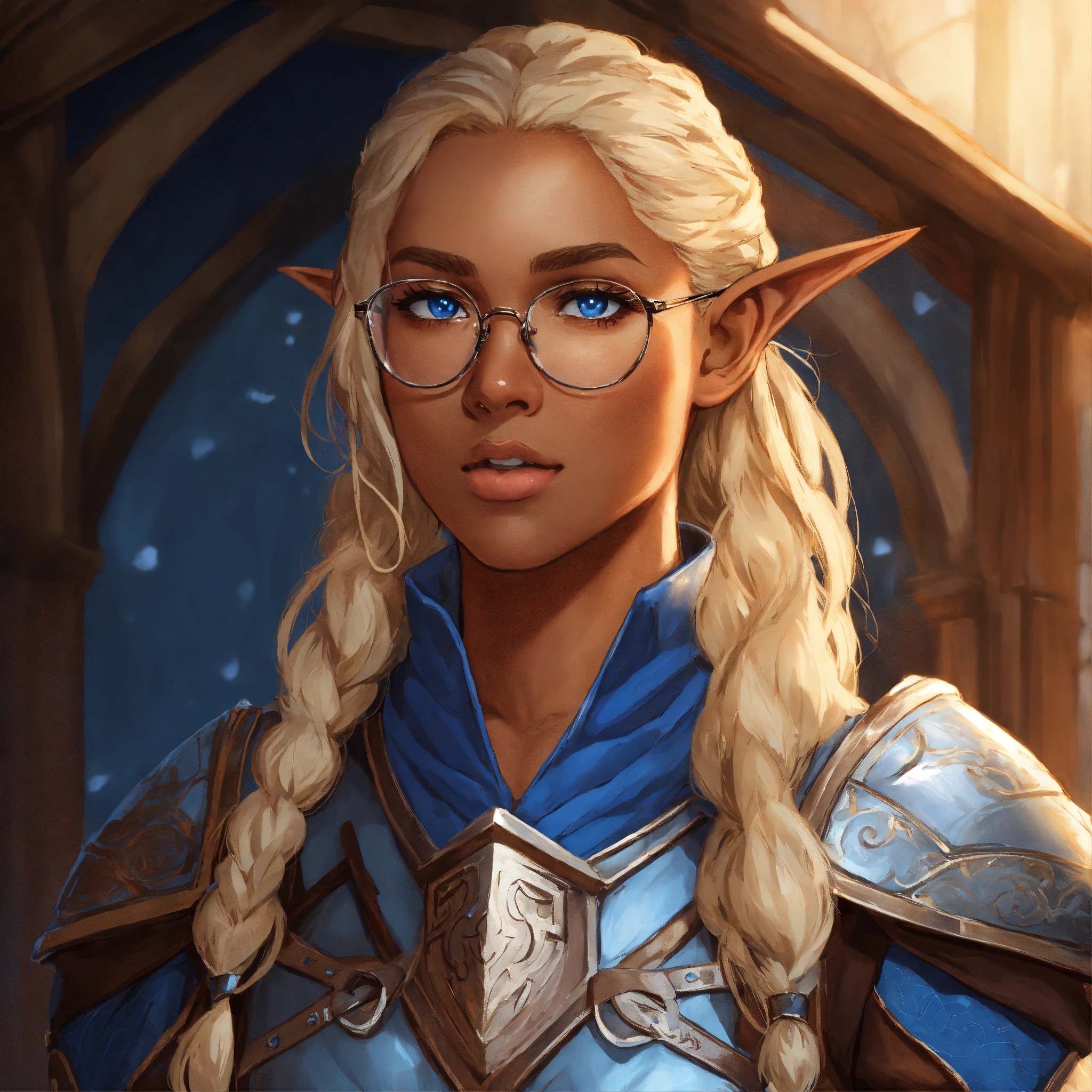 Lexica - A very brown skinned half elf woman, wearing glasses with deep ...