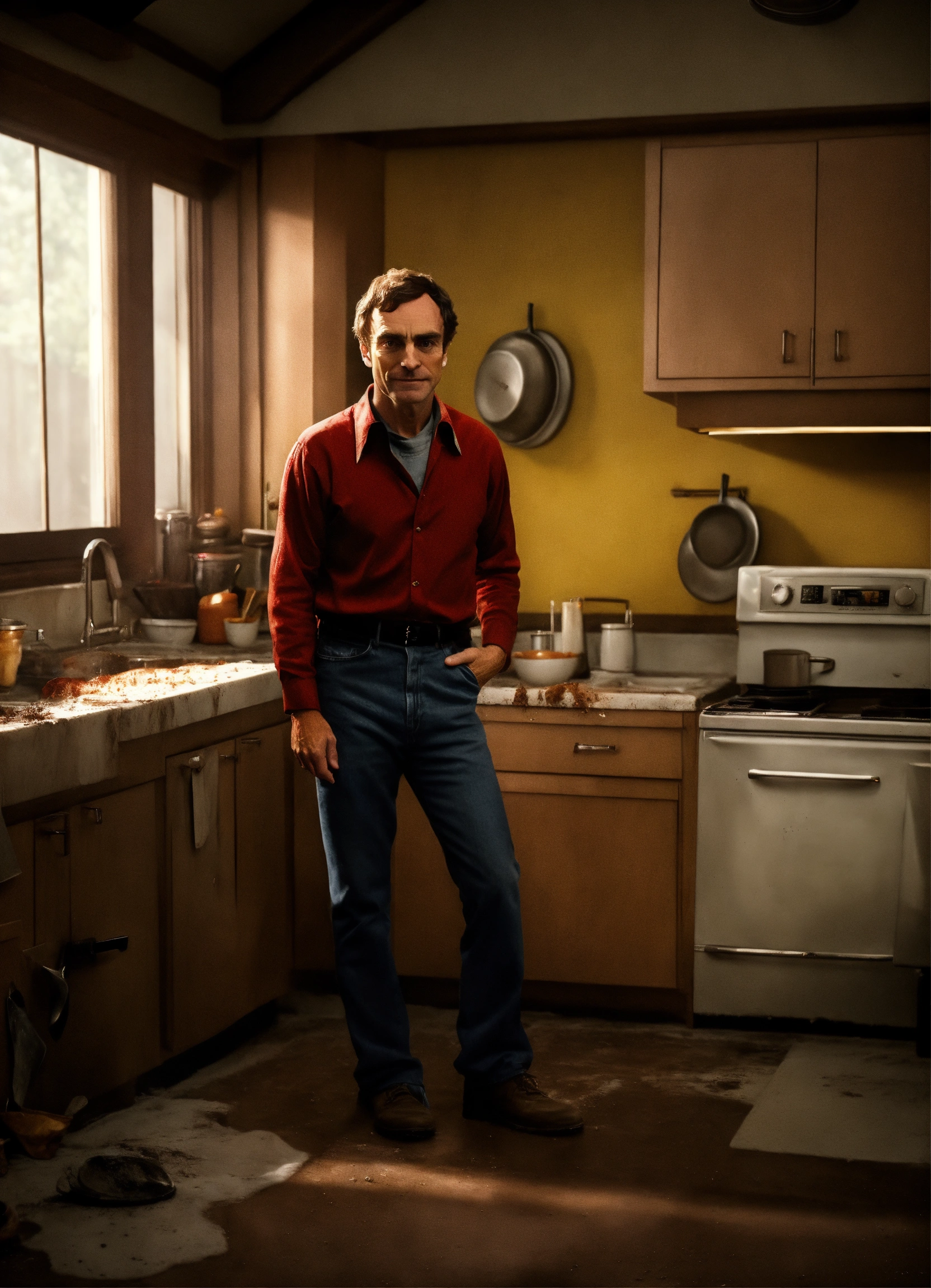 Lexica - Ted bundy, looking at camera, in dirty kitchen, super ...