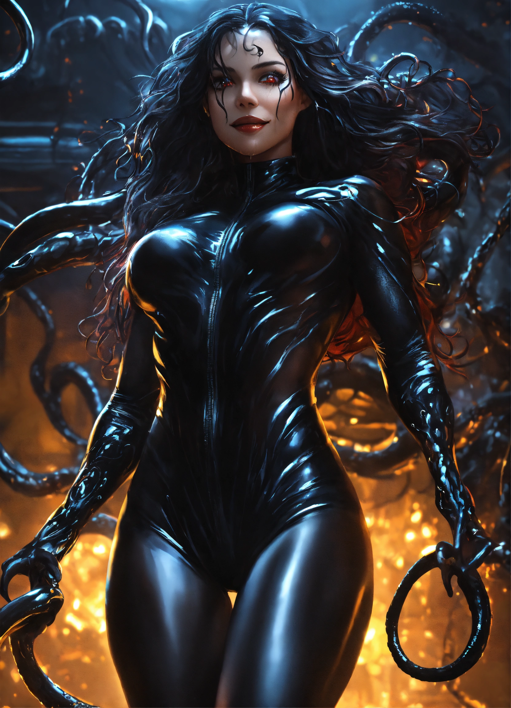 Lexica - An ultrarealistic full body photo of woman in liquid short pants fighting venom ...
