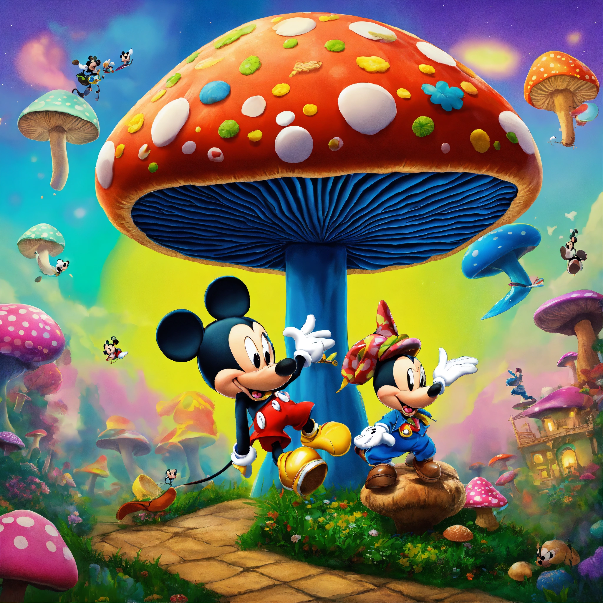 Lexica - Micky Mouse and Snoop Dogg jumping on a giant mushroom, wonder ...