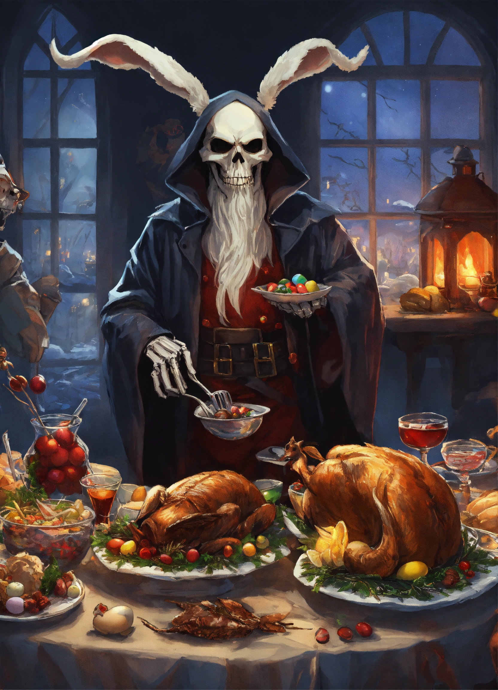 Lexica - Skeletal Grim Reaper in a dark robe, Santa Claus, Easter Bunny ...