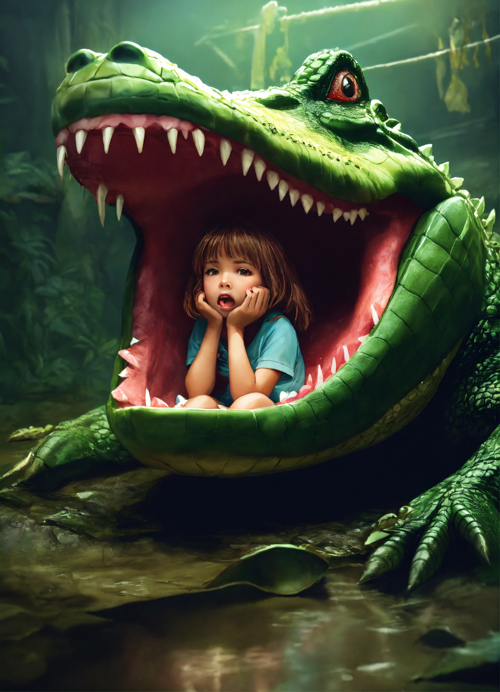 Lexica - Scared little girl sitting deep entirely inside crocodile's ...