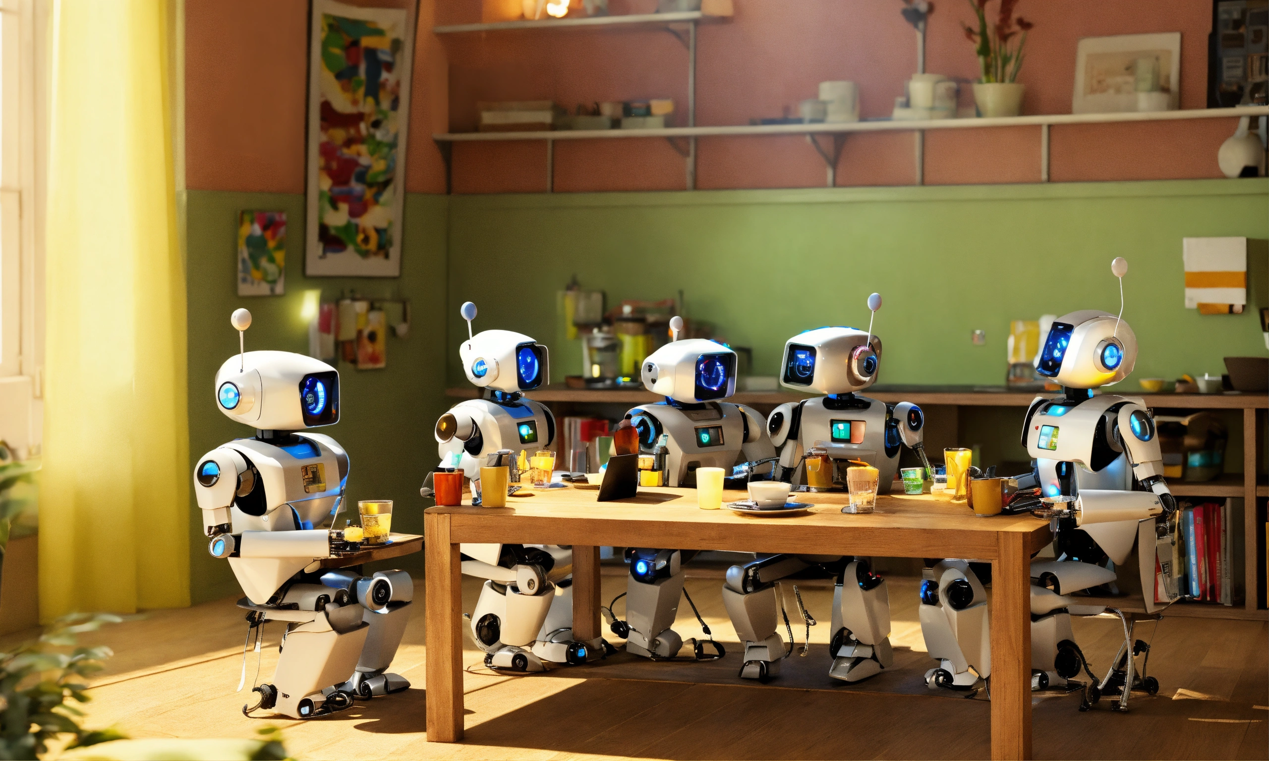 Lexica - Multiple cute robots discussing around a table