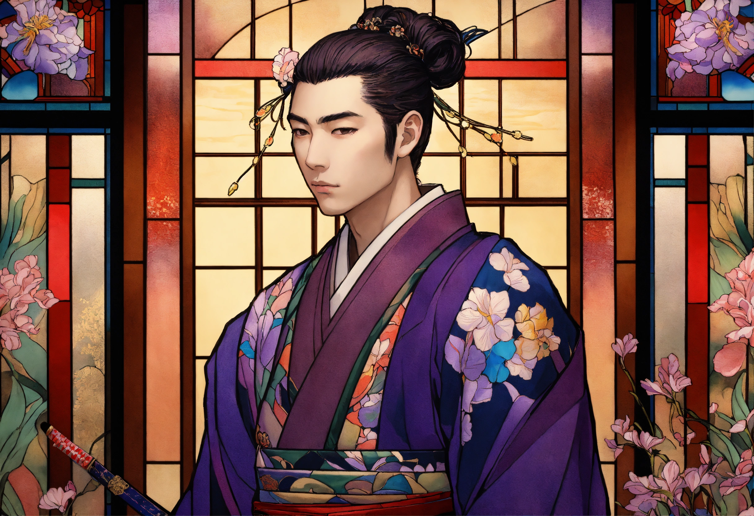 Lexica - Portrait of a samurai in Art Nouveau style, dressed in a ...