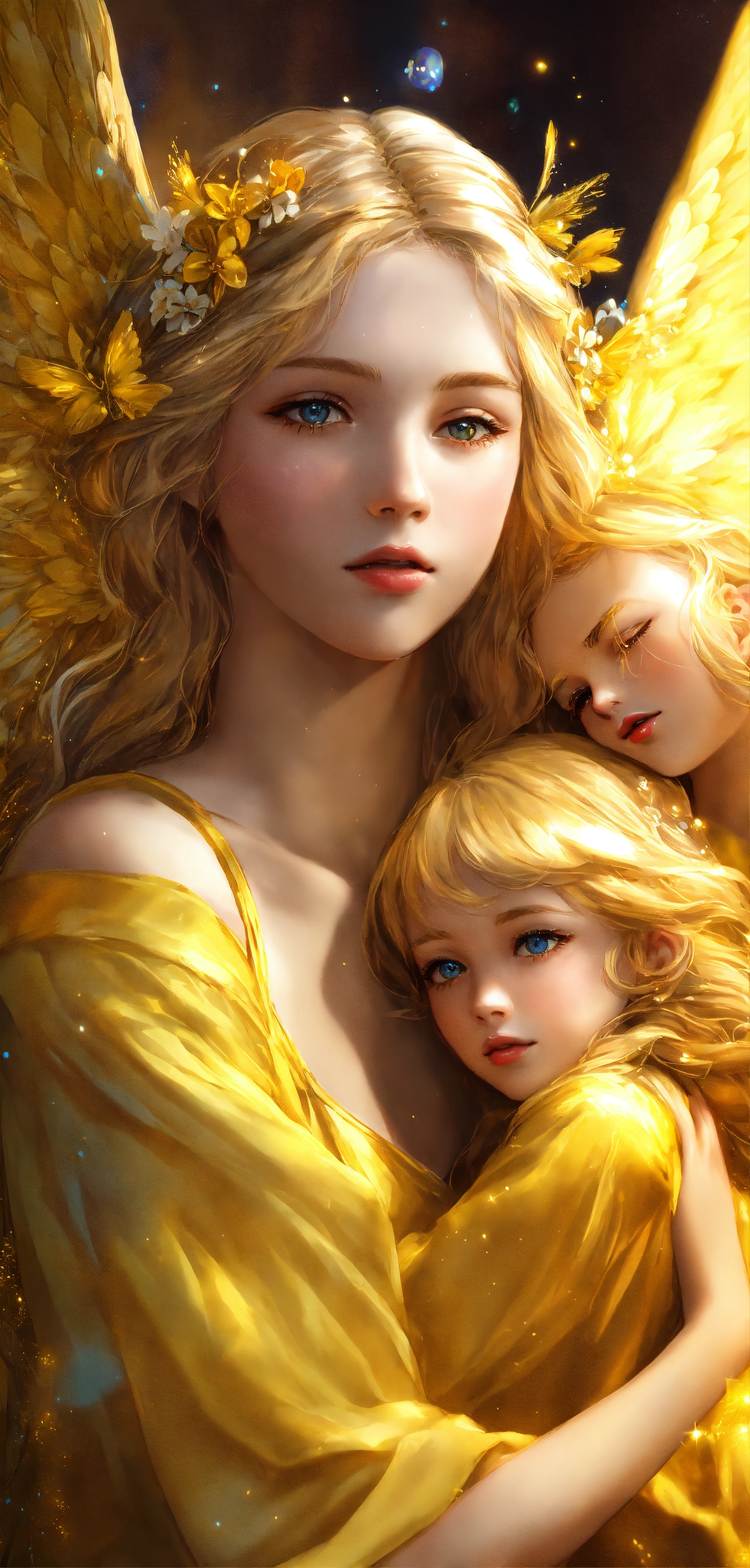Lexica - 2 Guardian angel hugging a beautiful and defined little angel ...