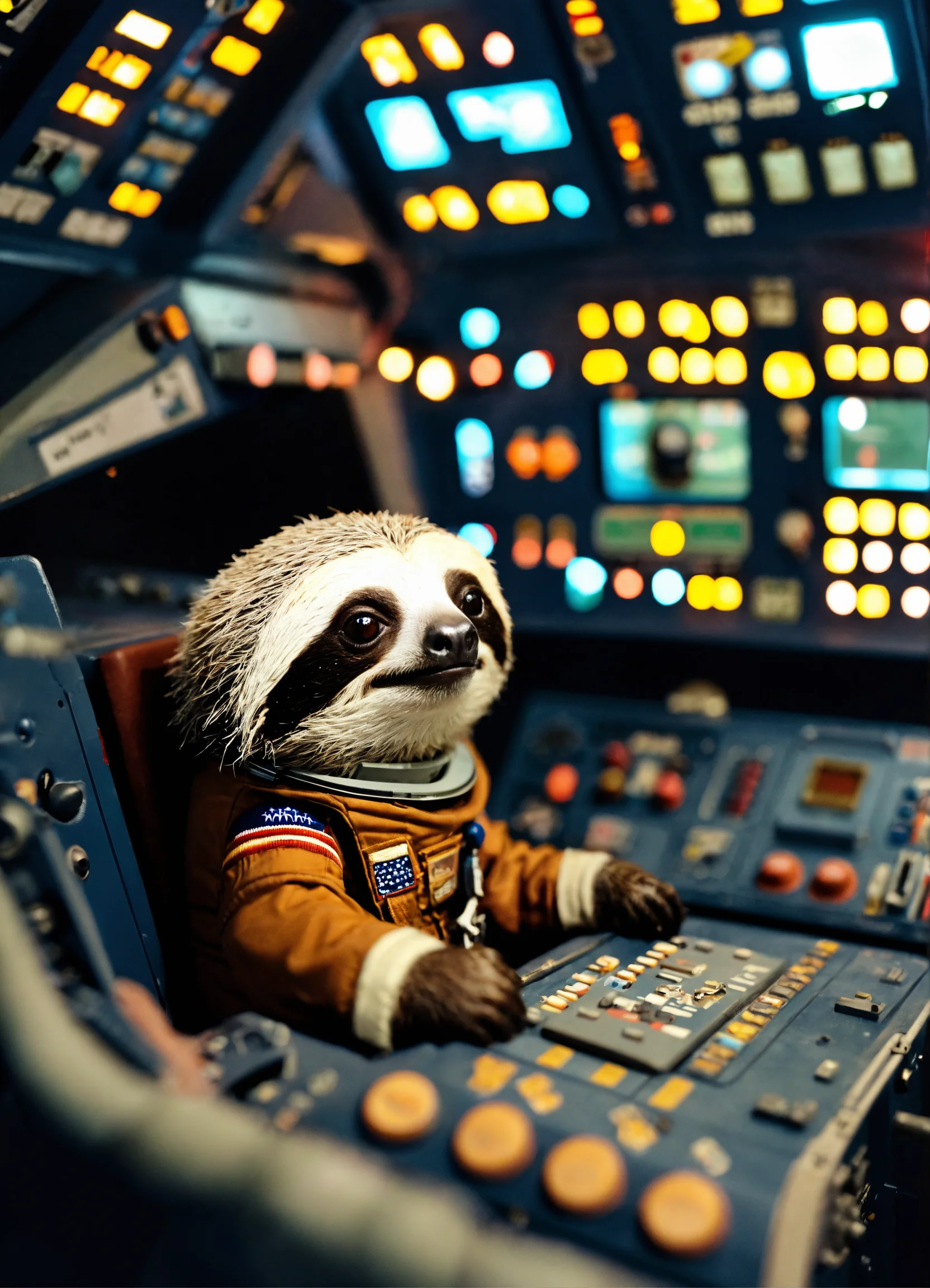 Lexica - A cute and tiny sloth captain inside the Space Shuttle's ...