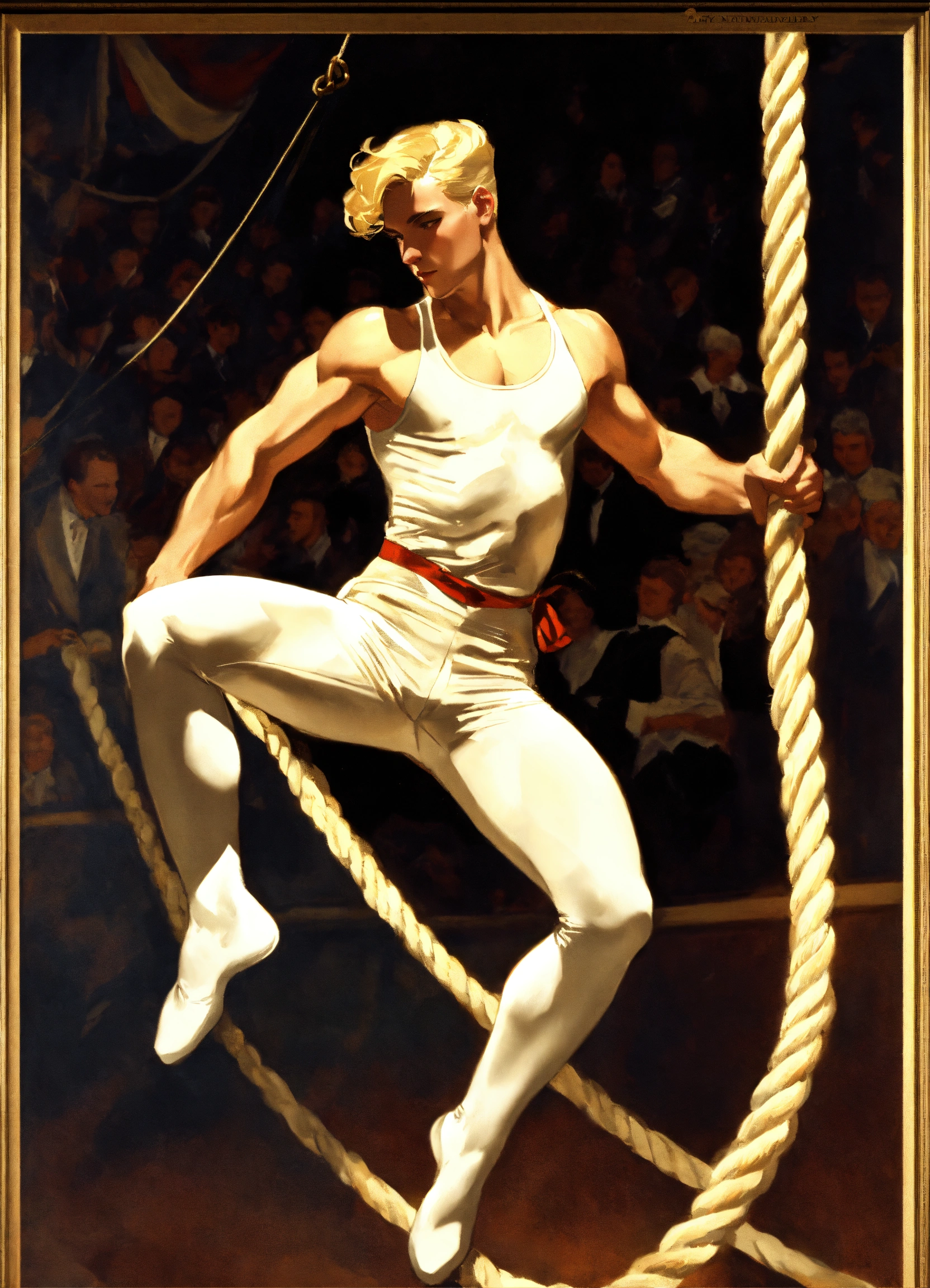 Lexica - A blonde male acrobat in white tights, climbing at a rope in a ...
