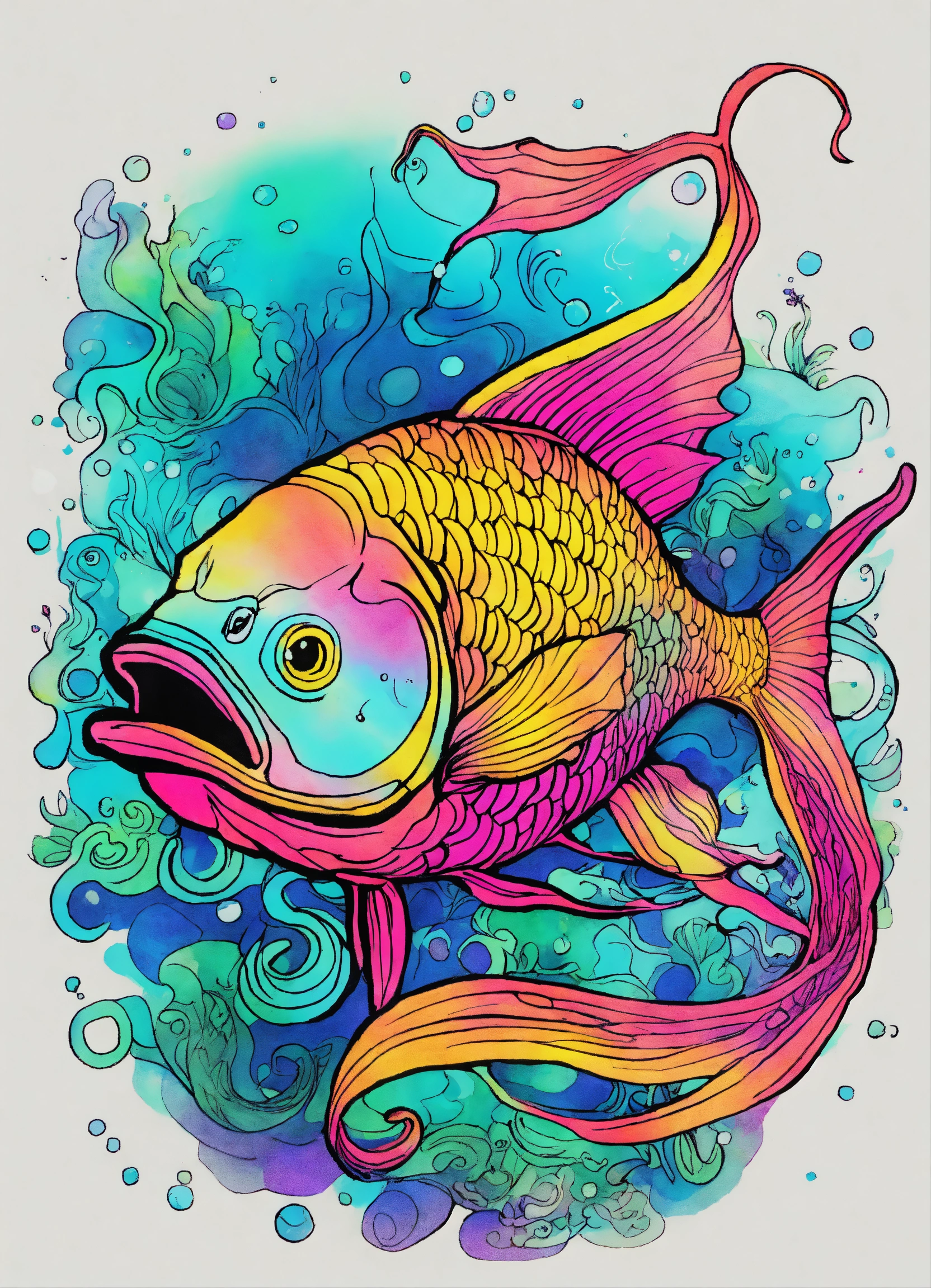 Lexica - INK DRAWING MYSTICAL fish in fluo colour blend NO BACKGROUND