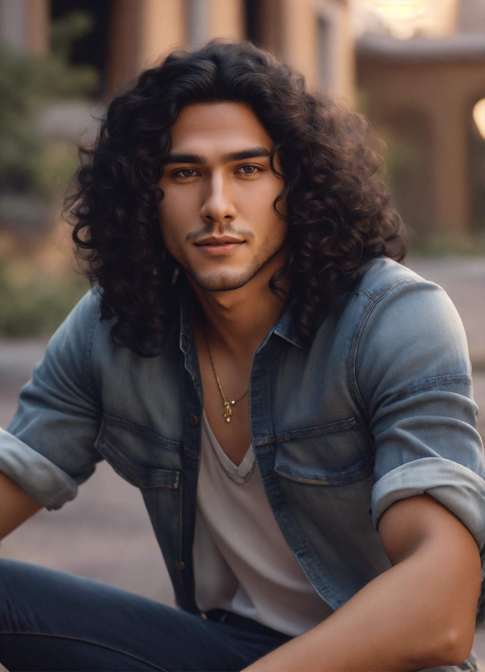 Lexica - Handsome college student, very long black curly hair, dimple ...