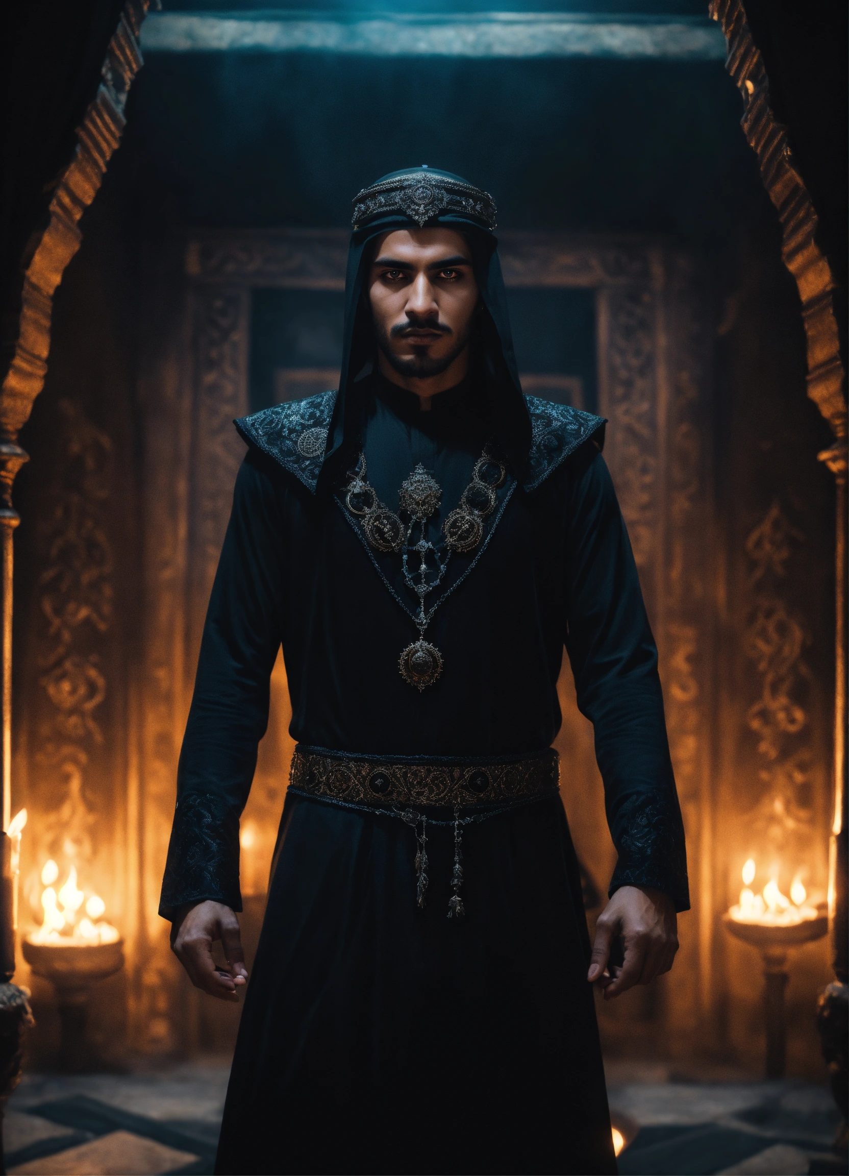 Lexica - Sinister and dramatic portrait of a young handsome Arabic evil ...