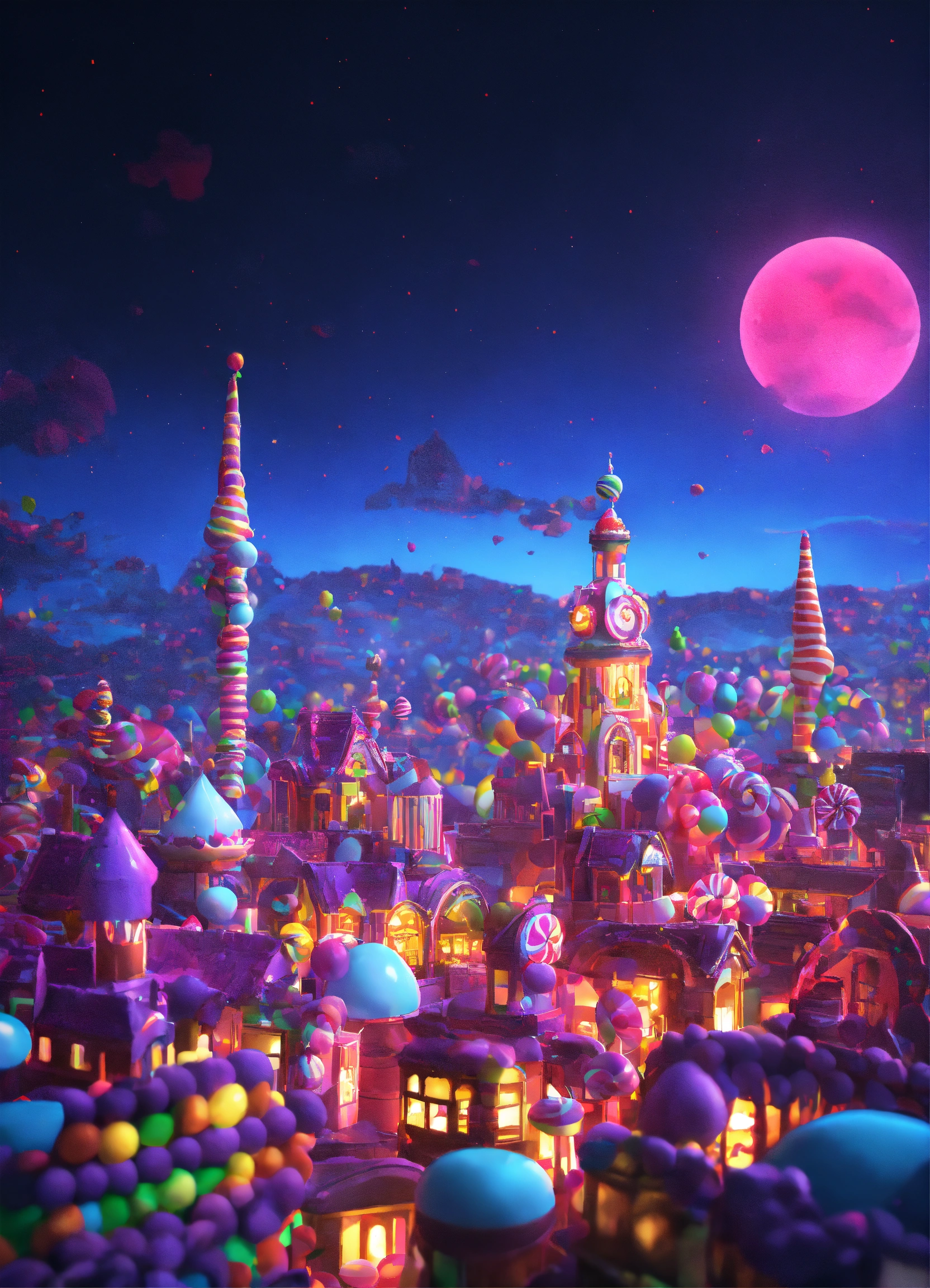 Lexica - Candyland skyline at night, zbrush render, 8k