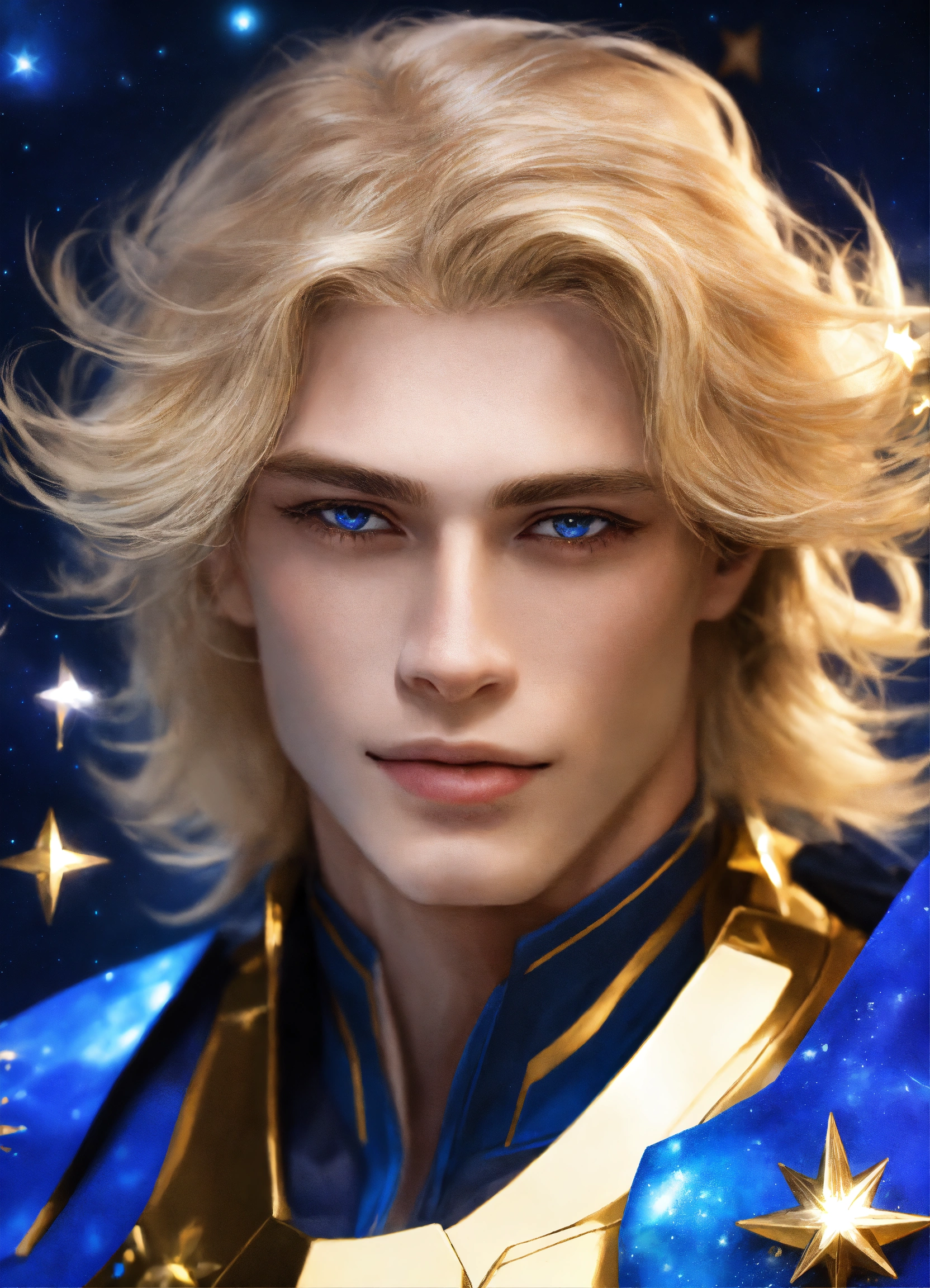 Lexica - Beautiful faces cosmic men long blond hair, smiling, blue and ...