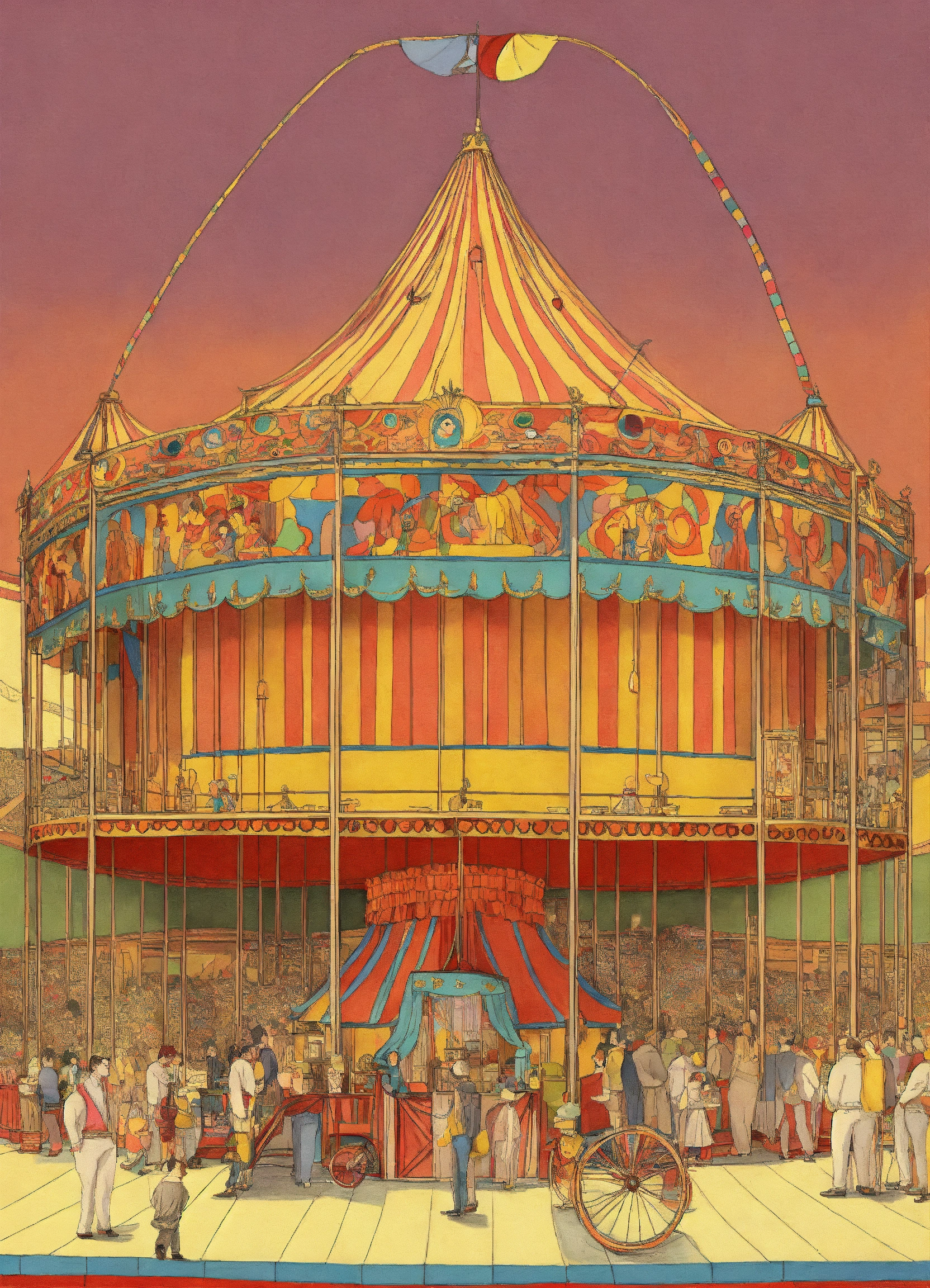 Lexica - Circus. Drawing an external view of a circus in the 50's. Line ...