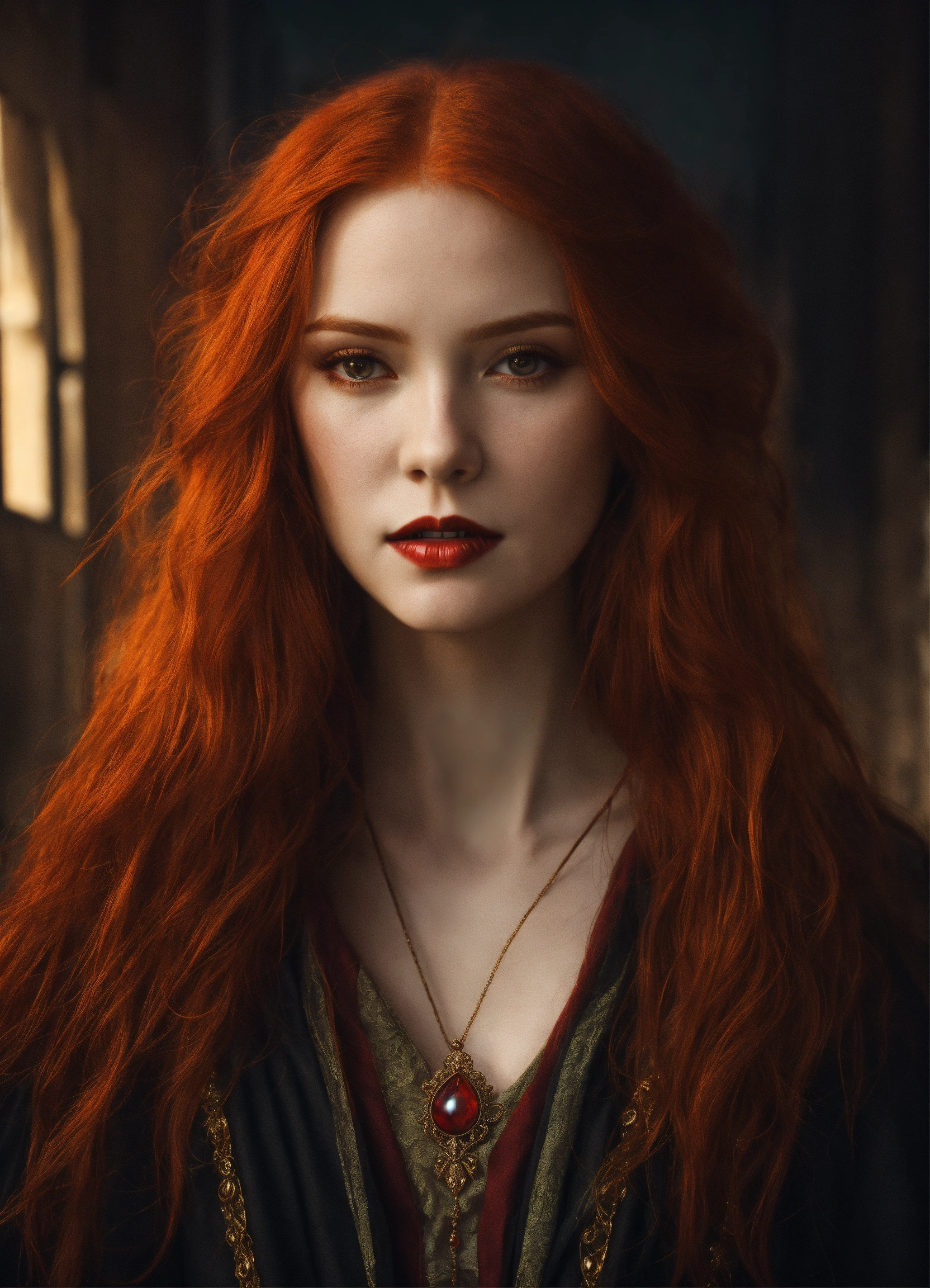 Lexica - A portrait of a beautiful redhead vampire, Symmetrical face ...