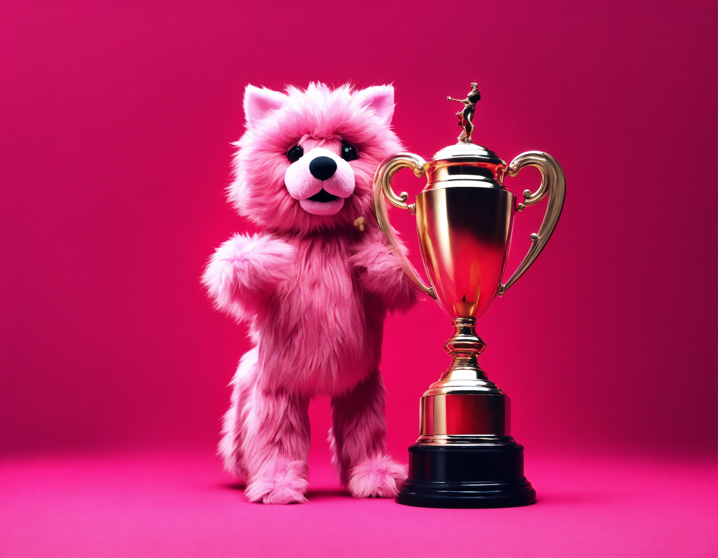 Lexica - Pink furry puppet hand holding a trophy, realistic