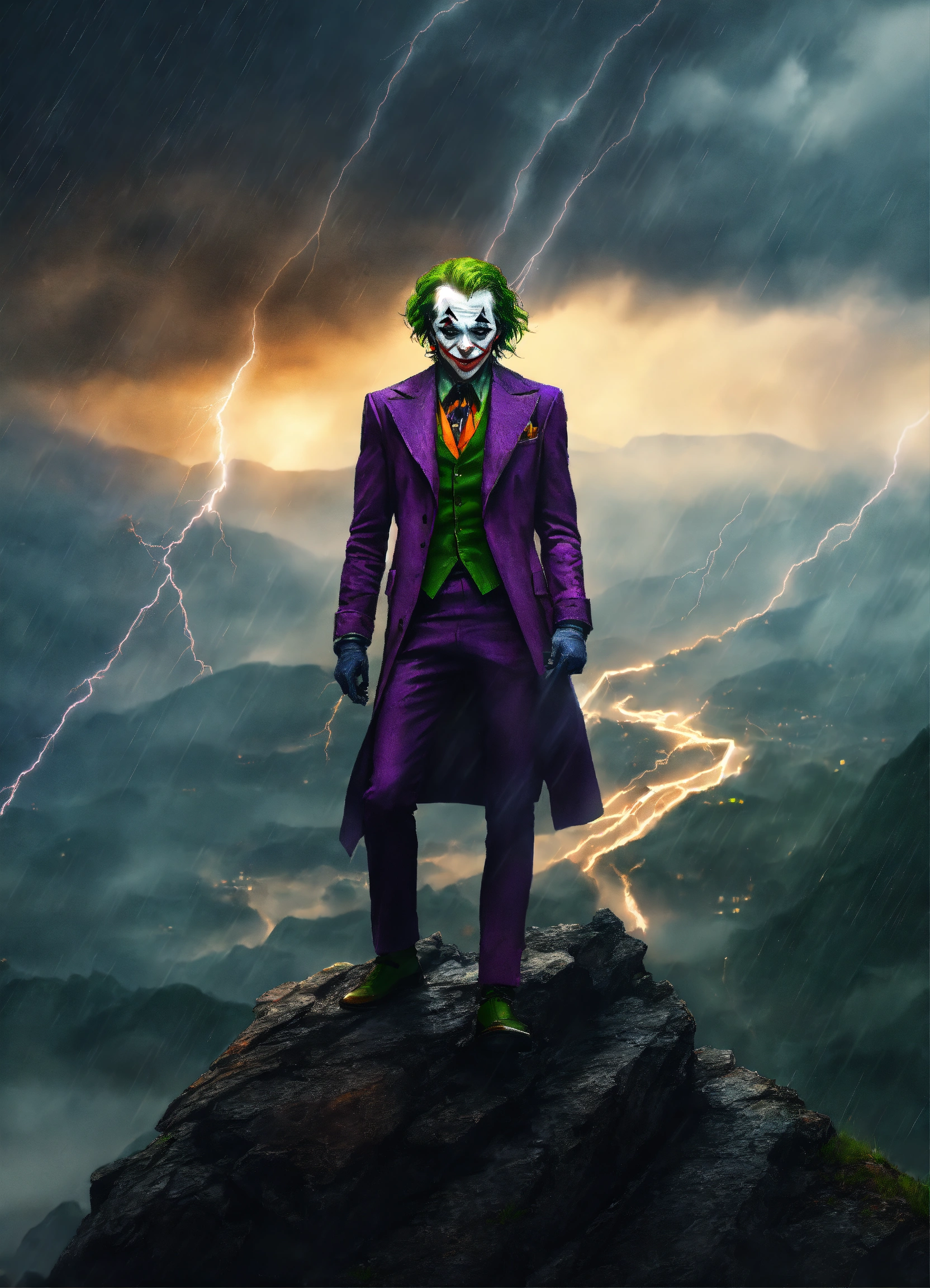 Lexica - Joker is standing on a mountain. The weather is raining ...