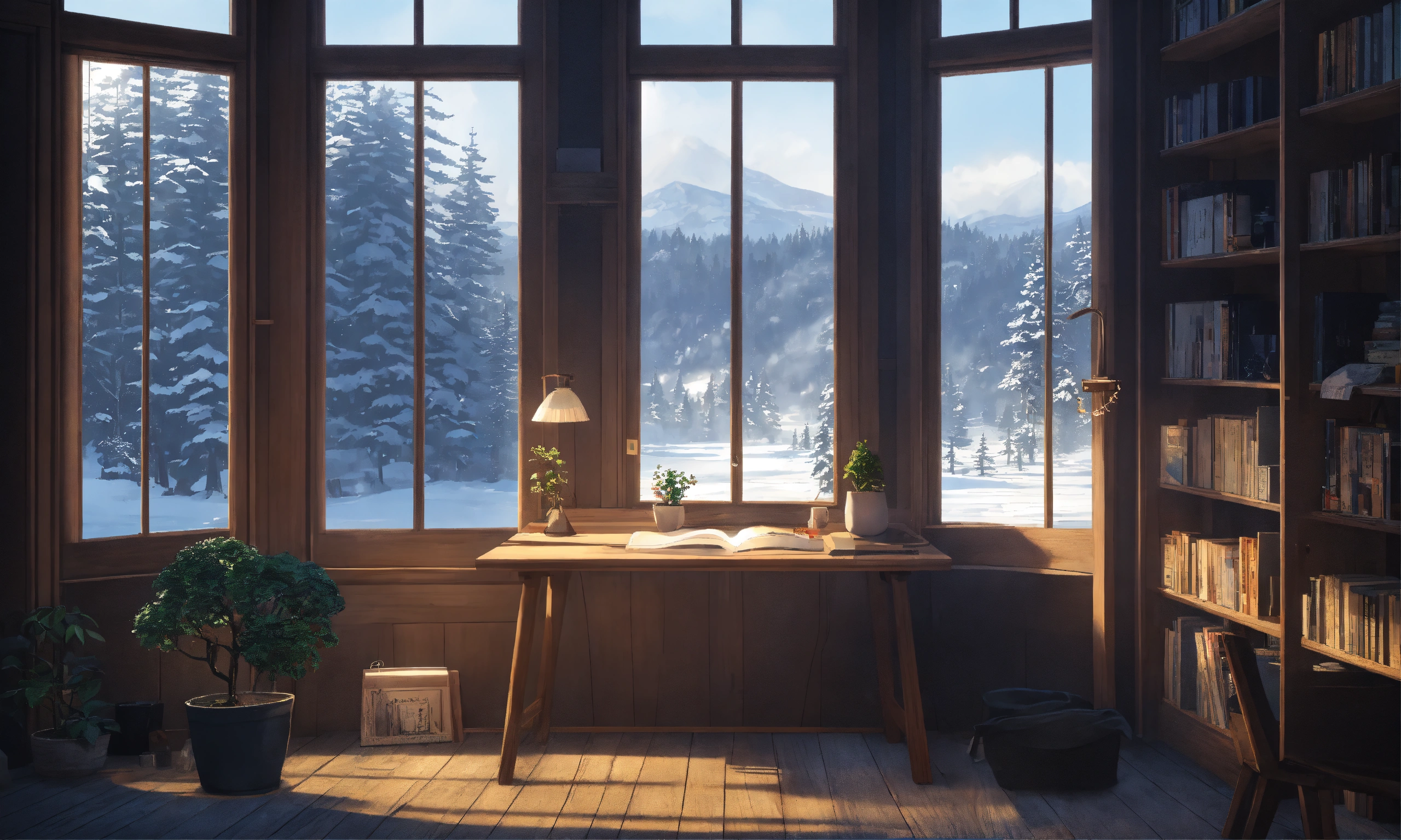 Lexica - Study room in forrest cabin, dark grey washed tints, studio ...