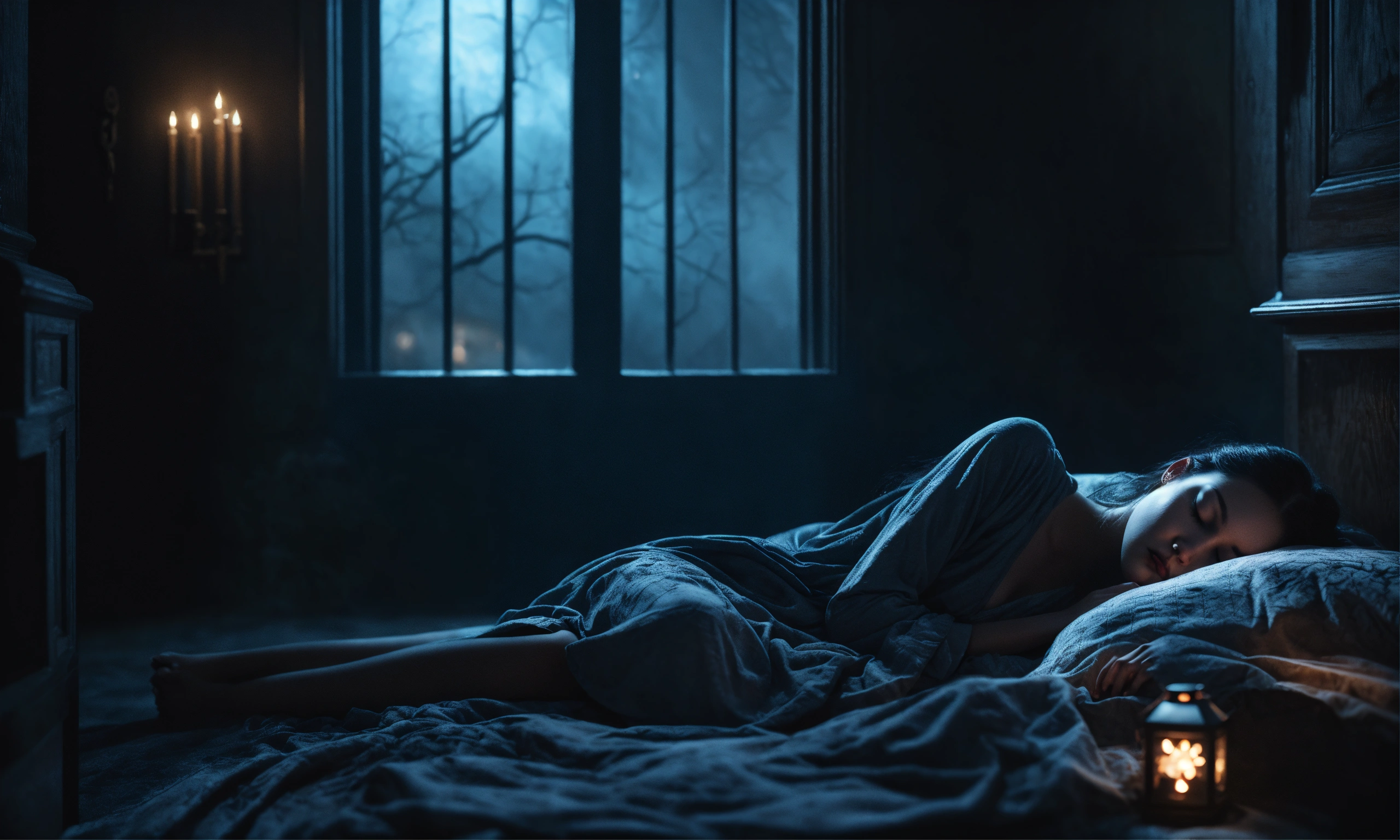 Lexica - Spooky dark room; girl sleeping; a demon at the door; scary ...