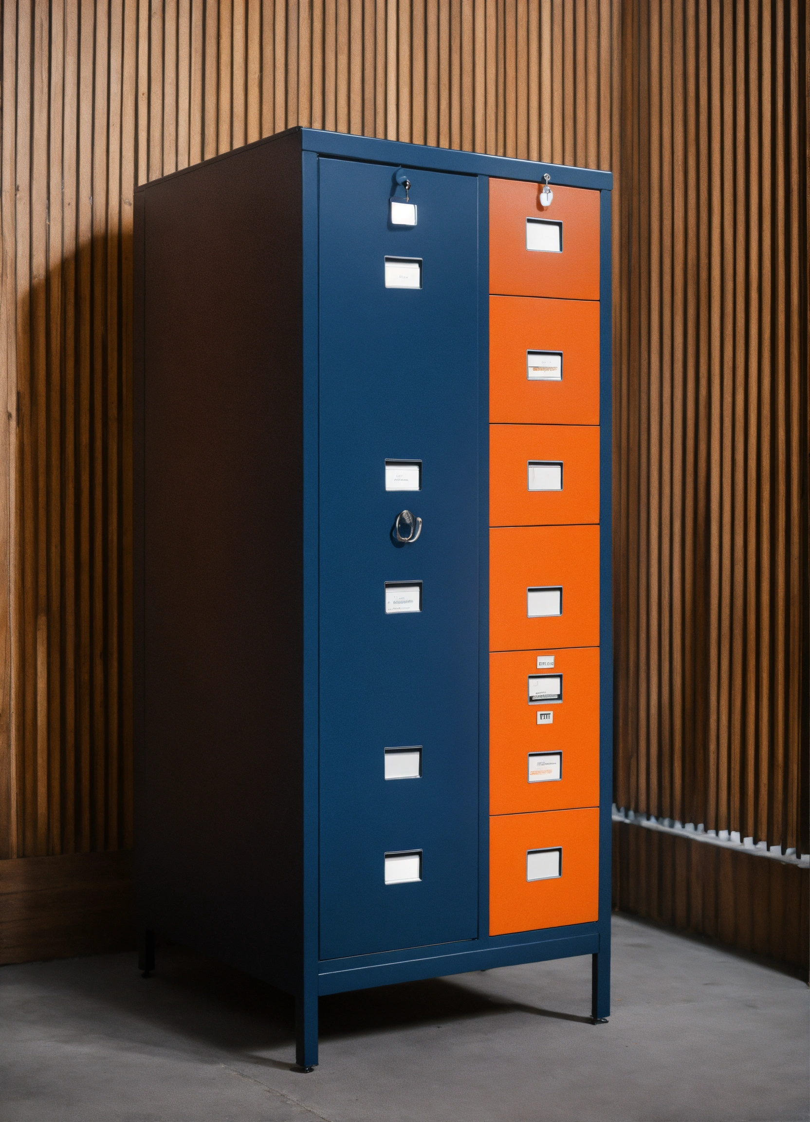 Lexica - Private records filing cabinet dark blue and burnt orange colour