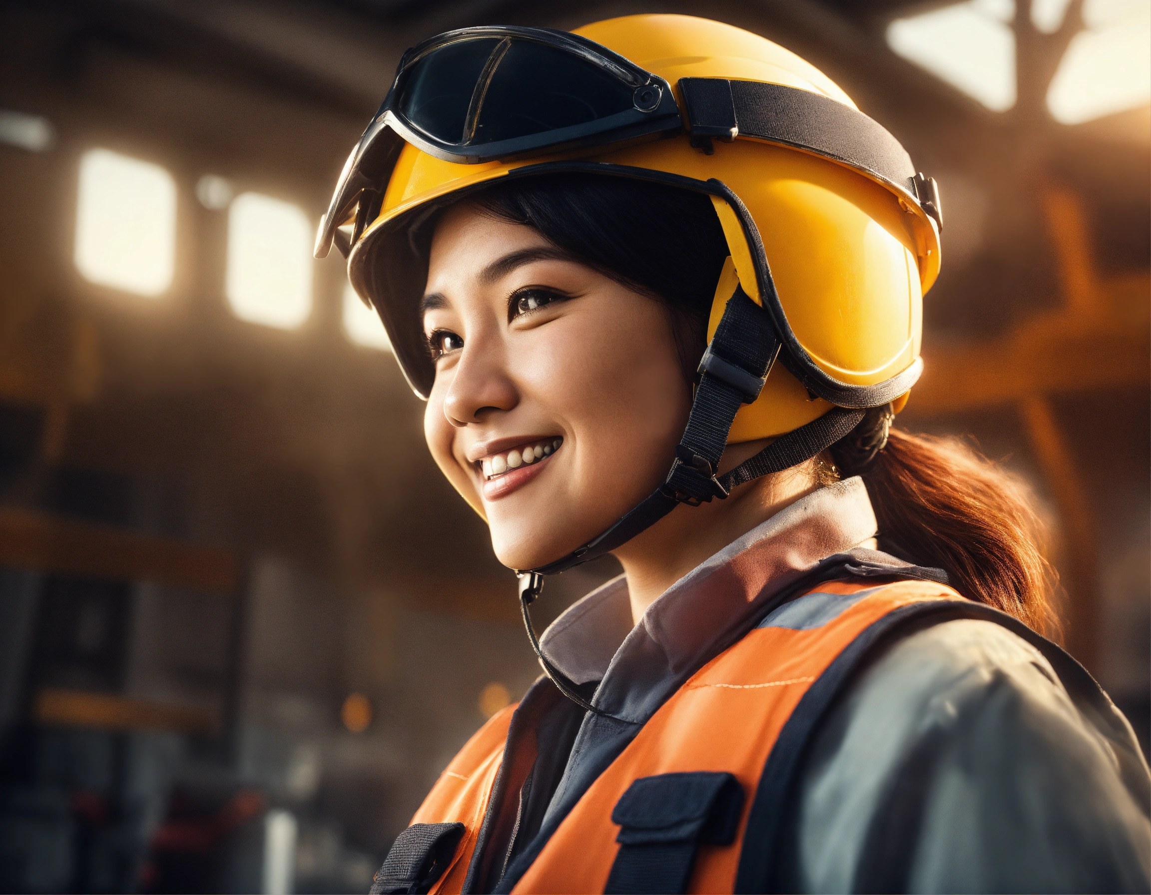 Lexica - Aircraft engineering using vest, safety helmet, smiling, Indonesian face, aircraft ...