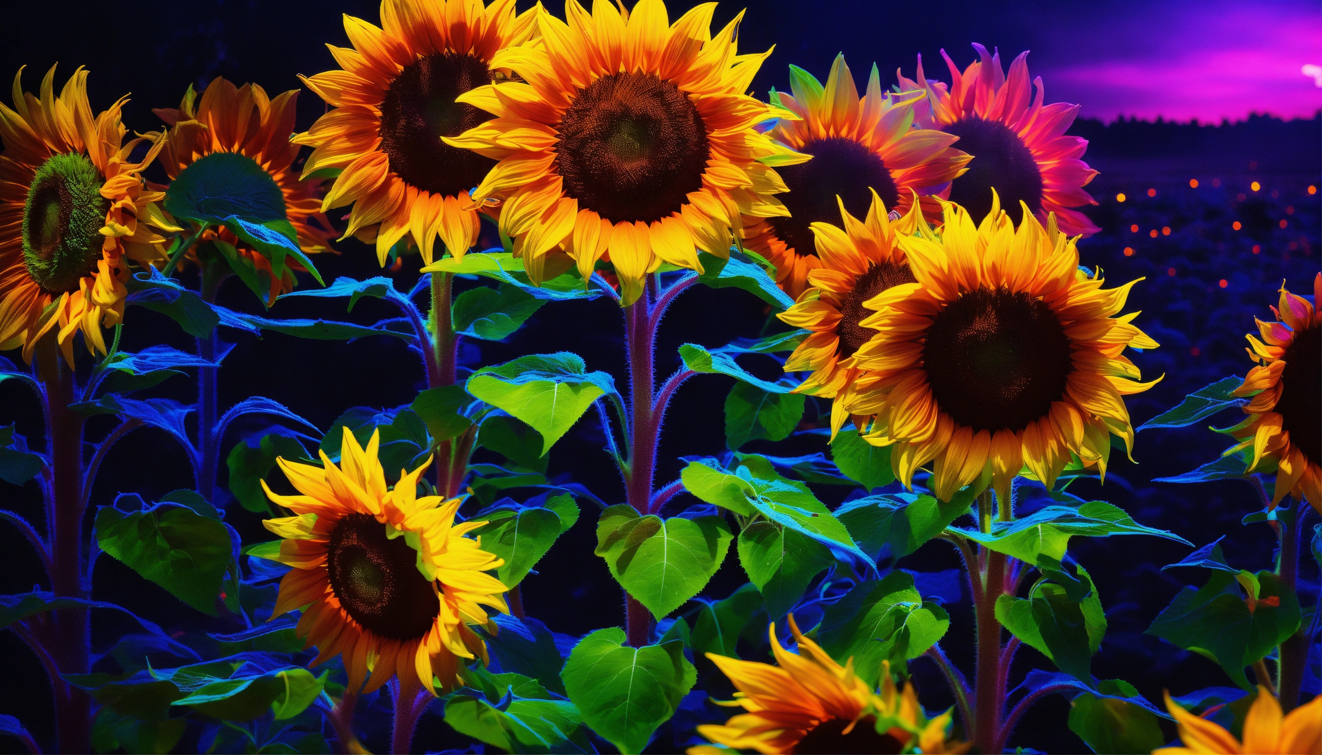 Lexica - Multi colored neon sunflowers, glowing, bright, Bioluminescent