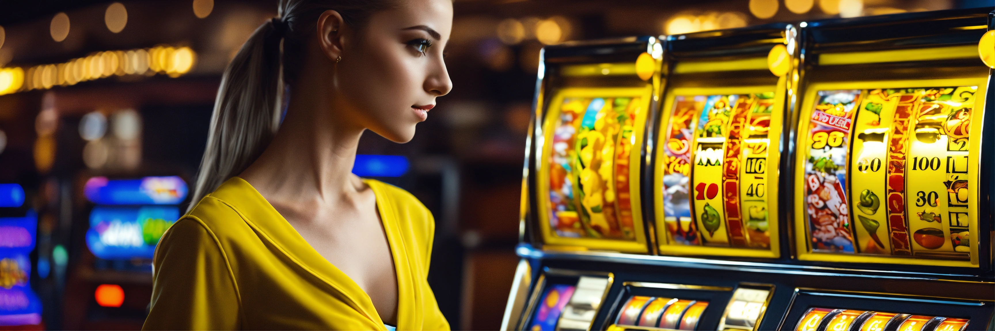 Lexica - Girl in the futur game attendante casino slot machine with yellow yellow and grey color ...