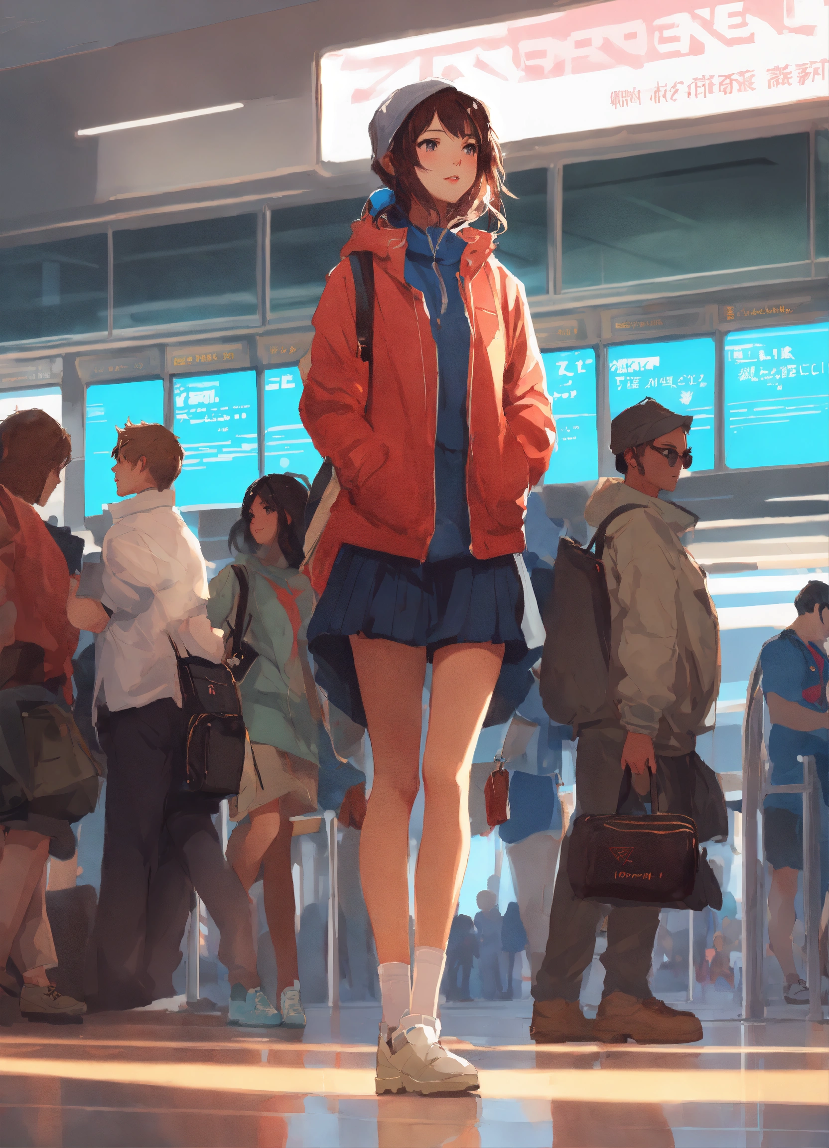 Lexica - Cute anime woman waiting in line at an airport, comfy clothing ...