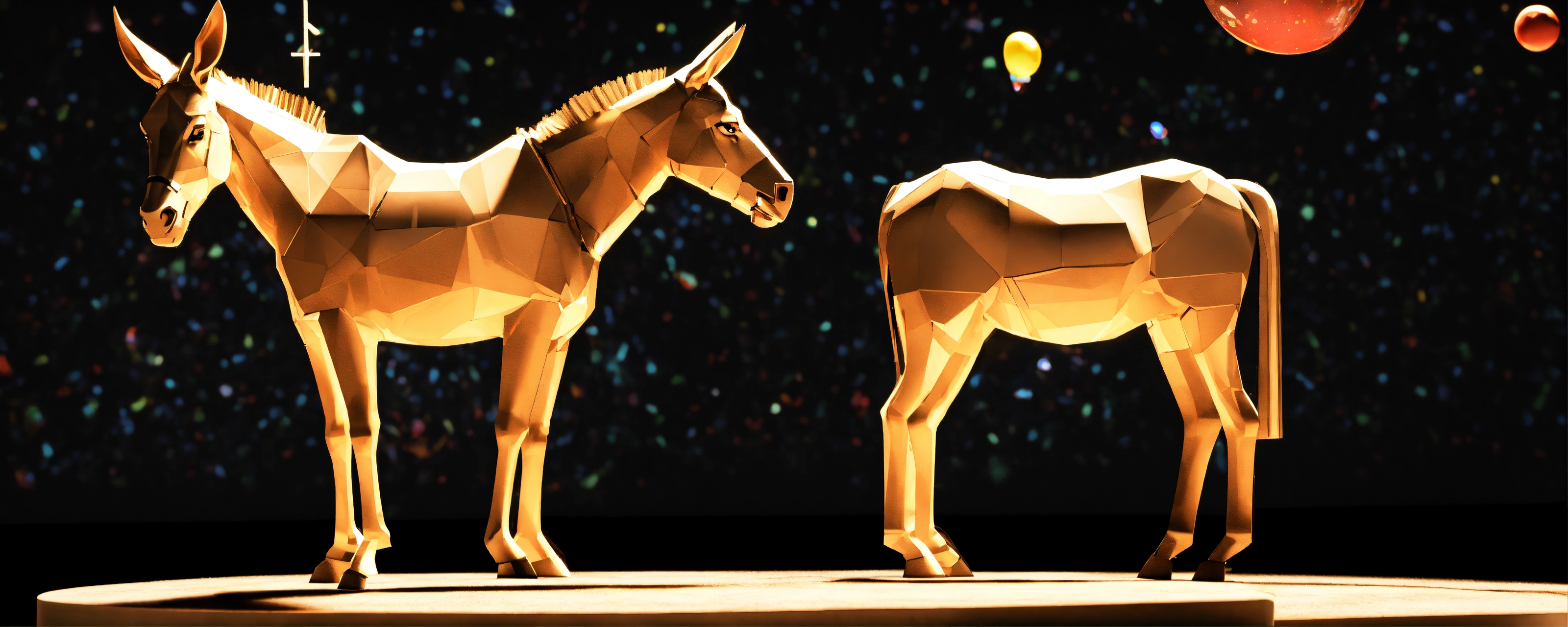 Lexica - A 3D mule and donkey looking at each other on a black ...