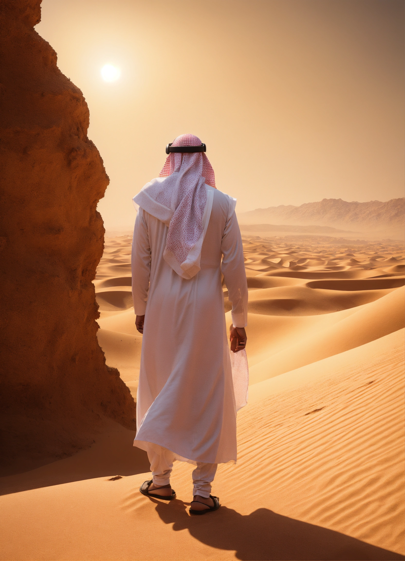 Lexica - Amidst the dunes and ancient traditions, a Saudi individual stands clad in traditional ...