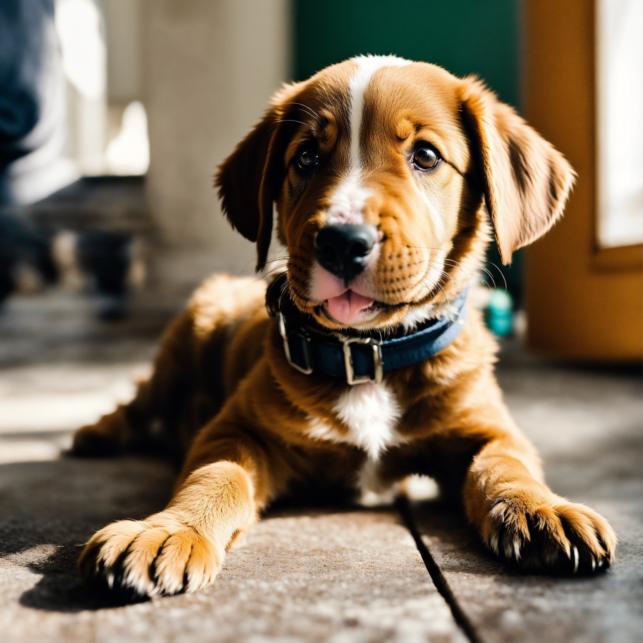 Lexica - A photo of a puppy sitting on the floor. The puppy is in a ...