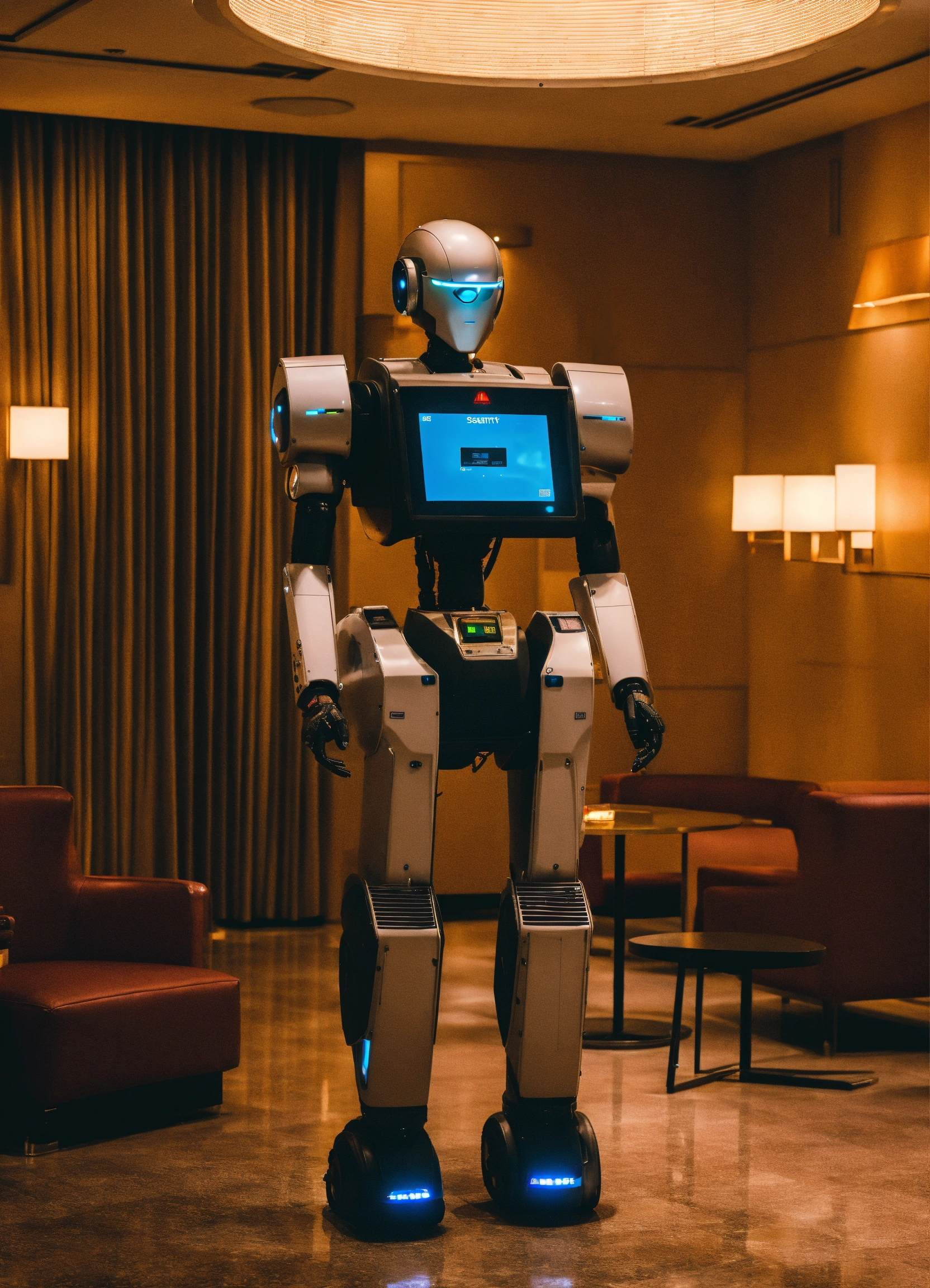 Lexica - Cyberpunk security robot in a hotel lobby