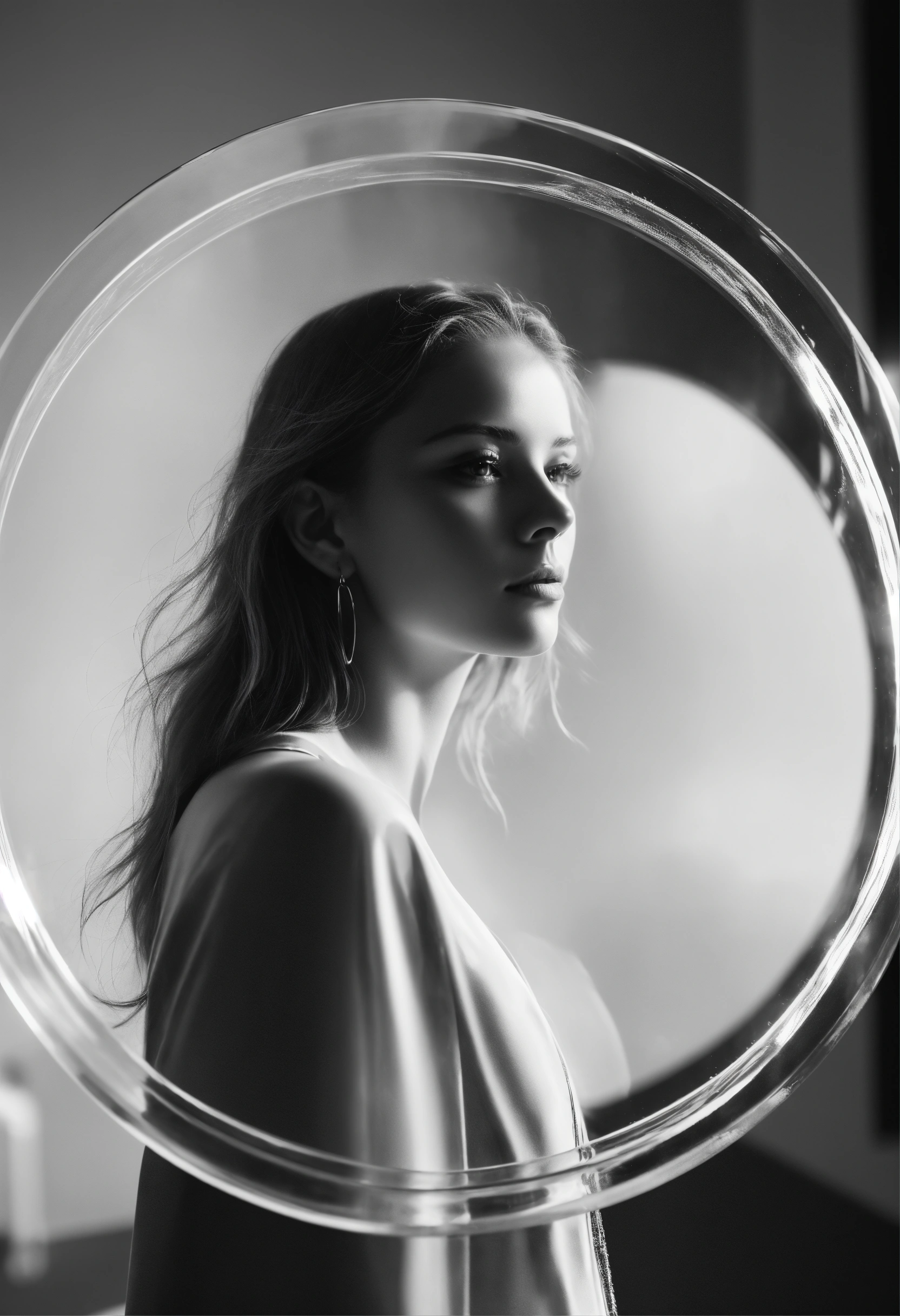 Lexica - Women look in clear looking transparent glass circle, black ...