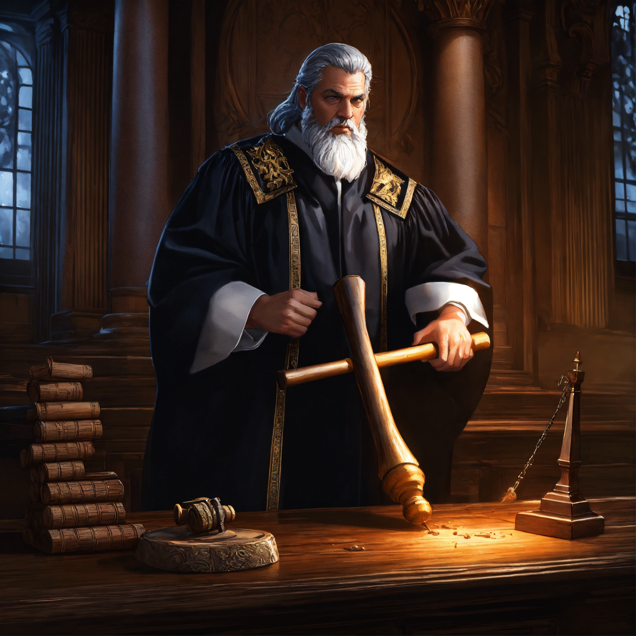 Lexica - Portrait painting of a judge banging the wooden hammer, dark ...