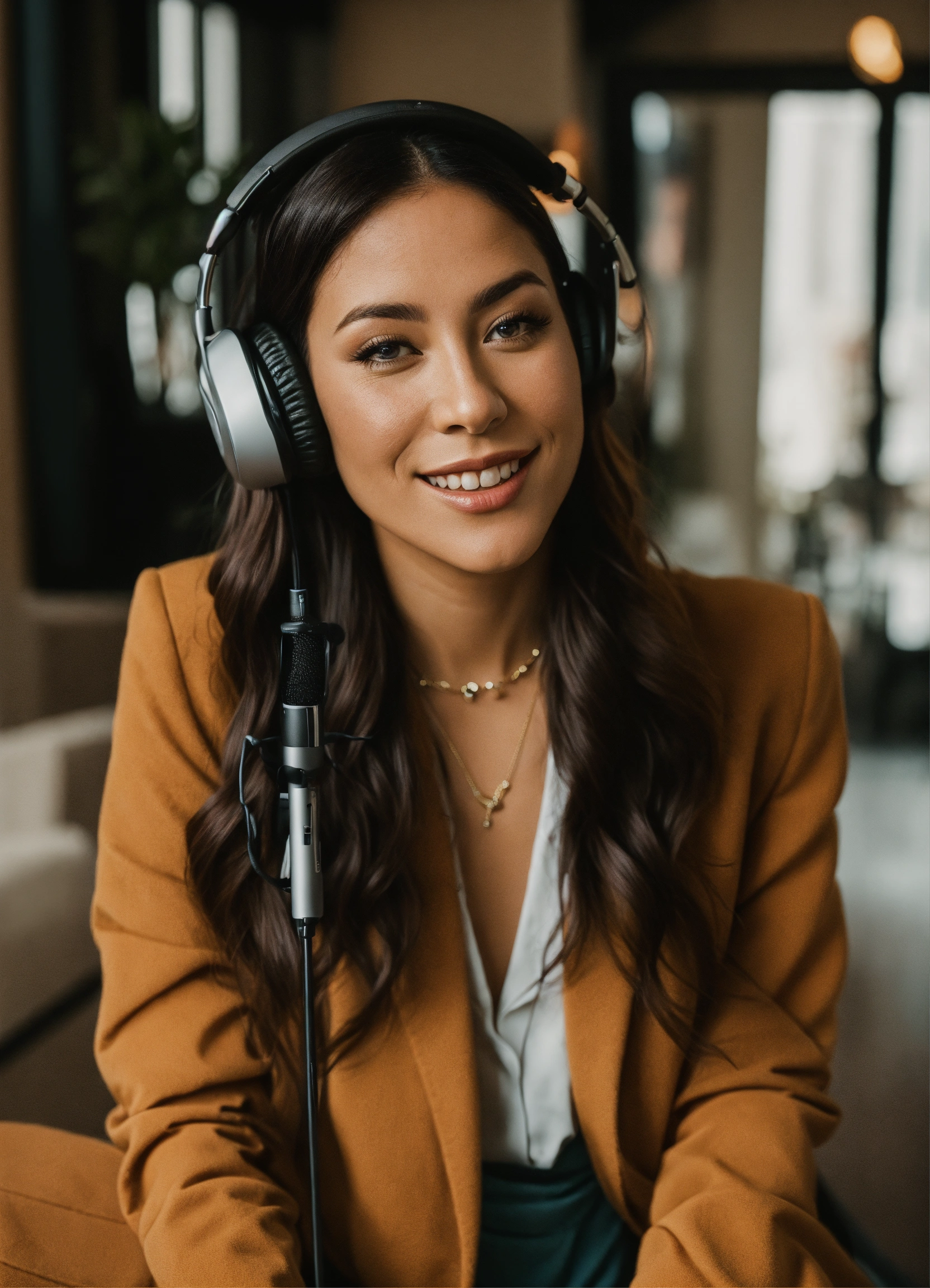 Lexica - Businesswoman is the face of her brand doing a podcast.