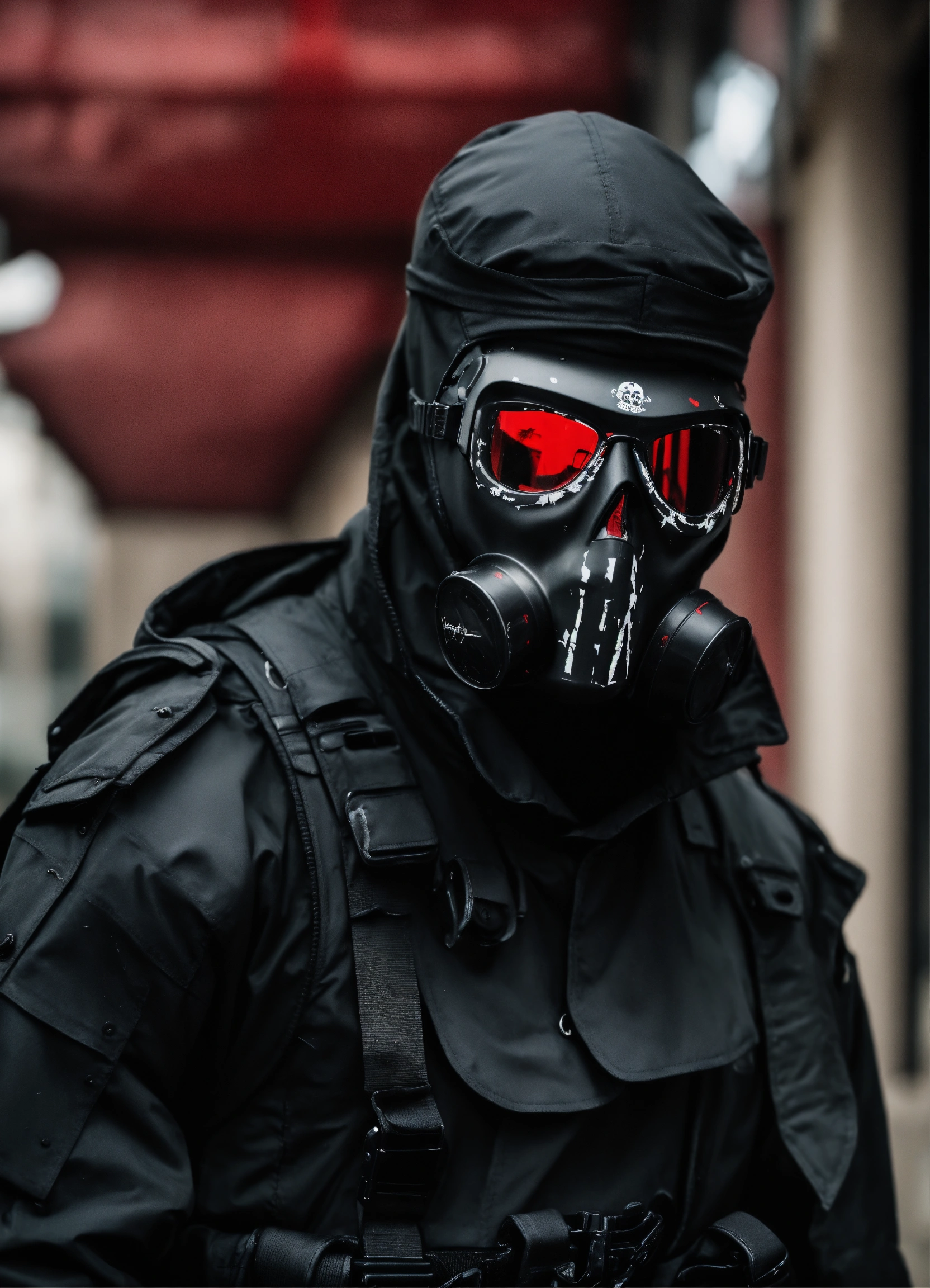 Lexica - A man wearing a full face mask that is black with a white ...