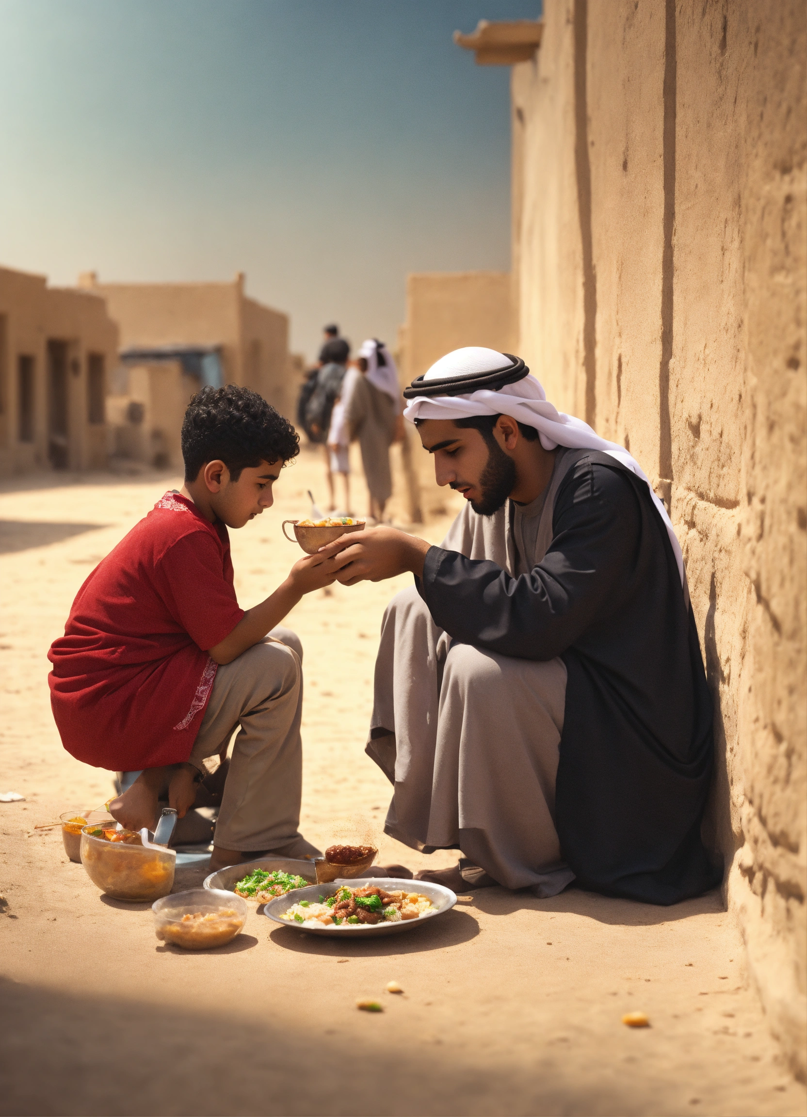 Lexica - Young arab man feeding poor sad kid, realistic 4k