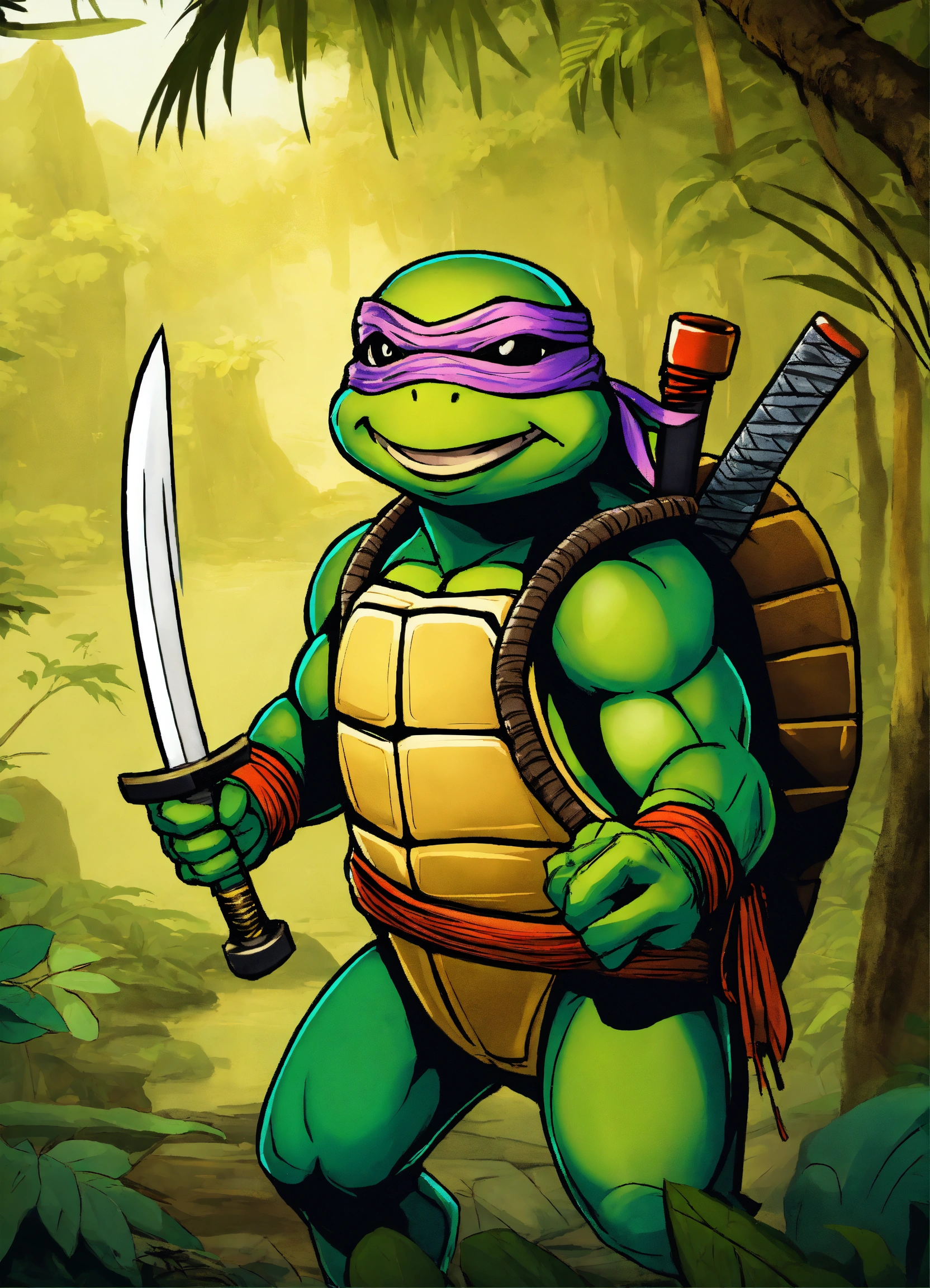 Lexica - A smiley ninja turtle with a katana in the hand and a jungle ...
