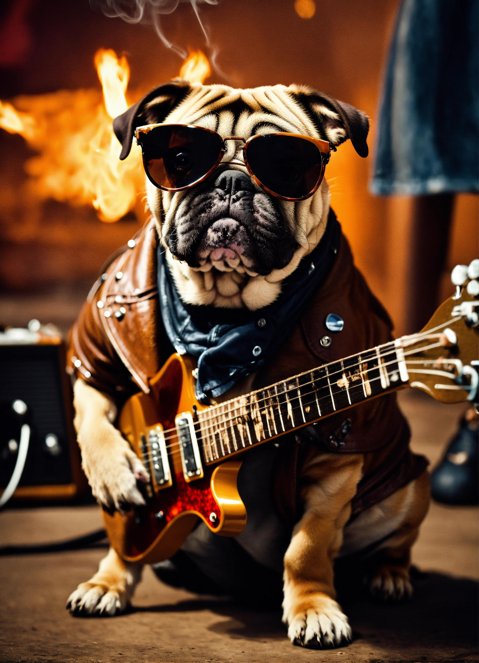 Lexica - A bulldog/pug playing electric guitar. Rock and roll. Smoking ...