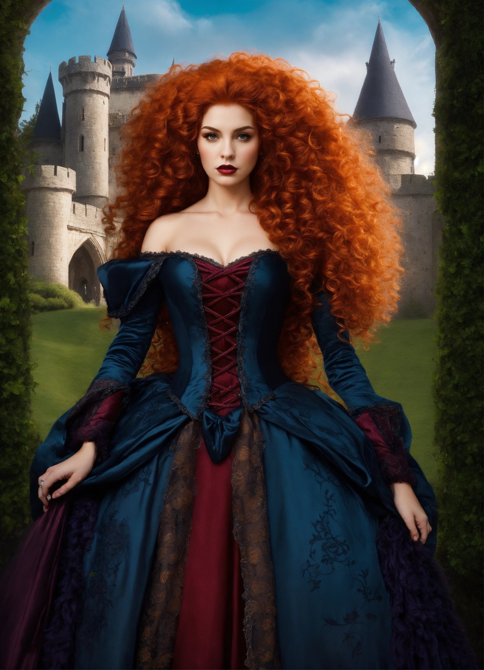 Lexica - "gothic adult Merida", huge curly hair, dramatic, castle ...