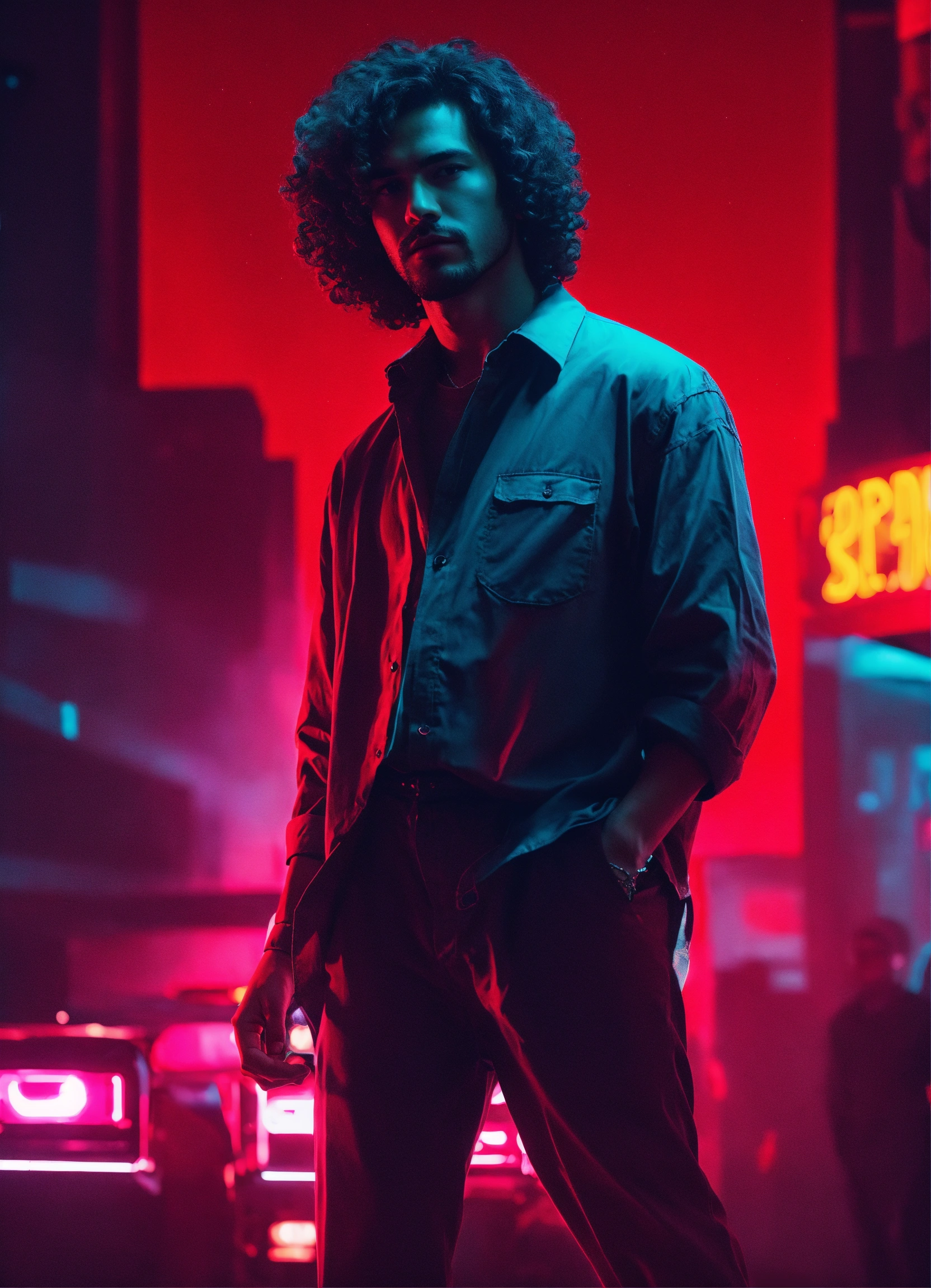 Lexica - Creates a neon noir style image of a man who wears a red shirt ...